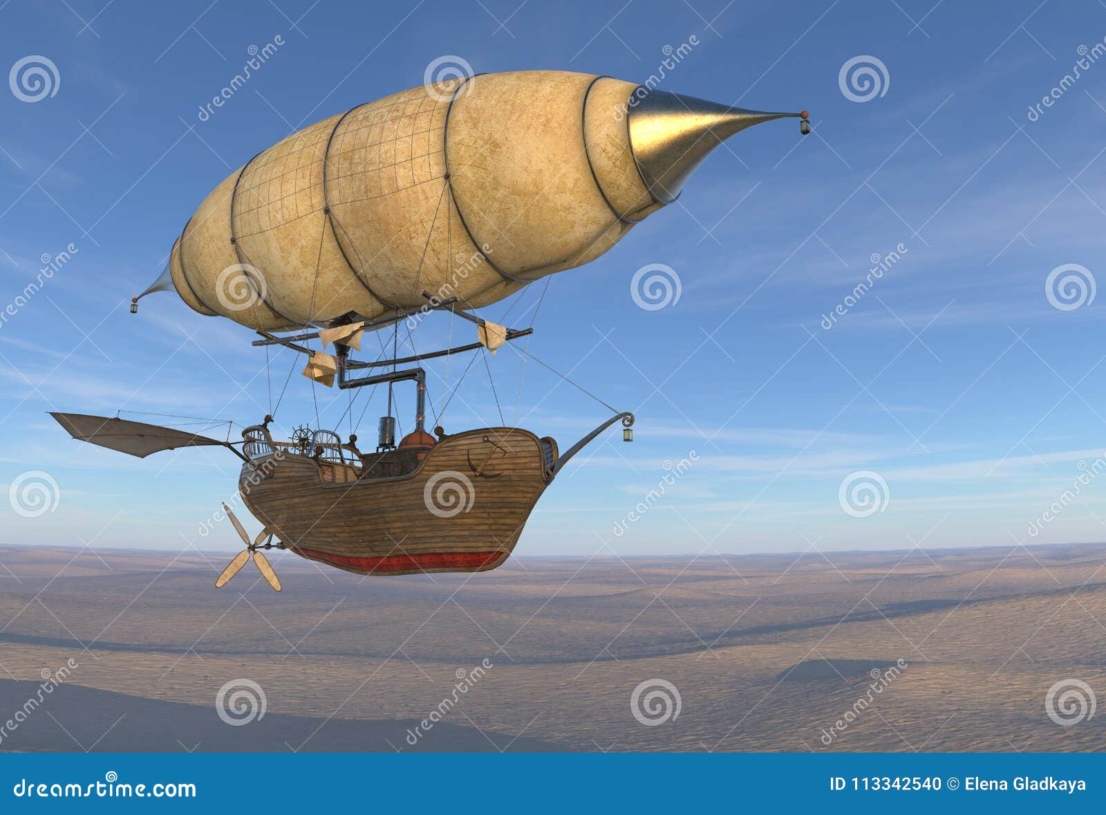 Fantasy Airship Zeppelin Dirigible Balloon 3D Illustration Stock ...