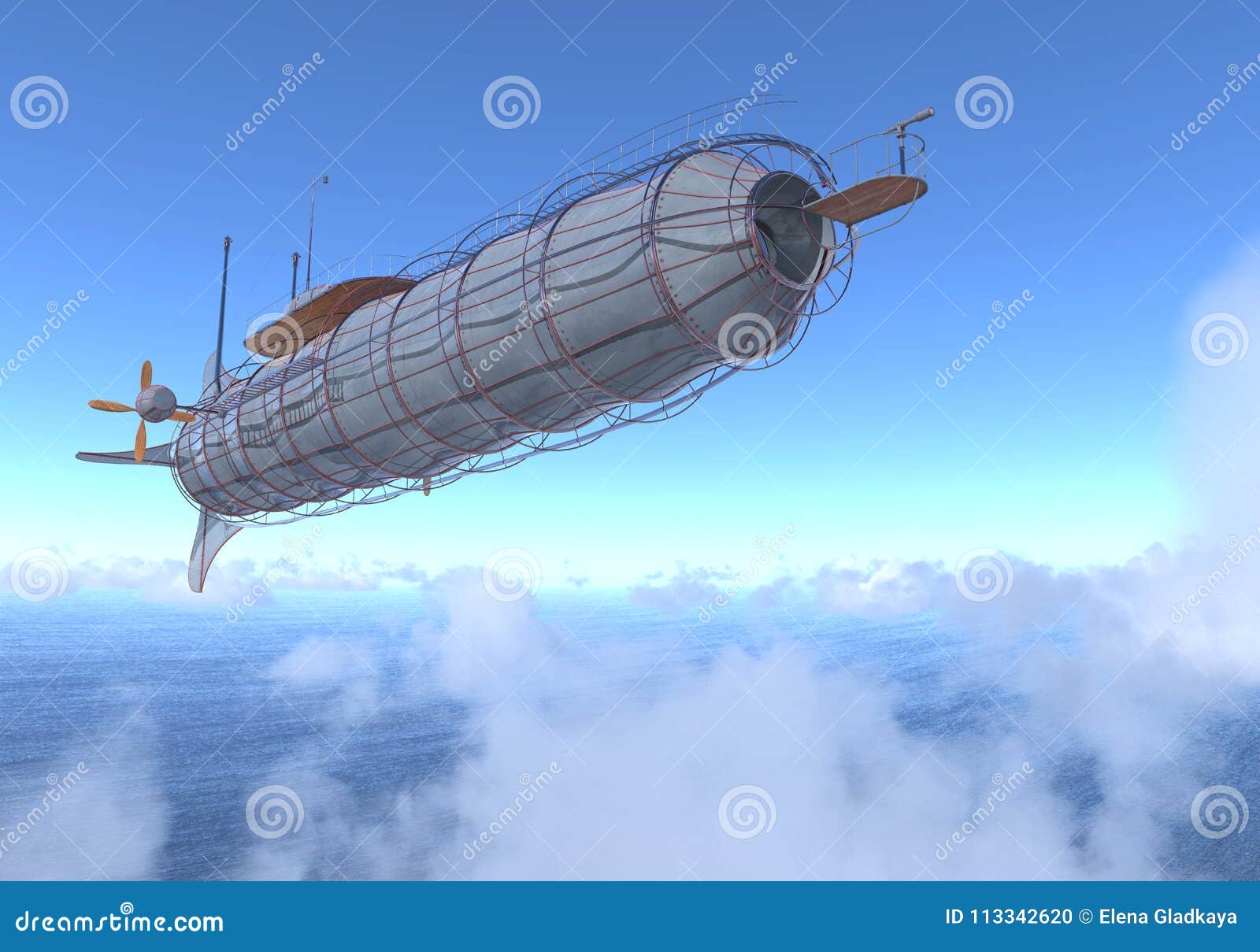 Fantasy Airship Zeppelin Dirigible Balloon 3D Illustration Stock ...
