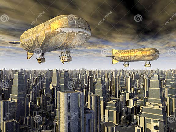 Fantasy Airships Over a Megacity Stock Illustration - Illustration of ...
