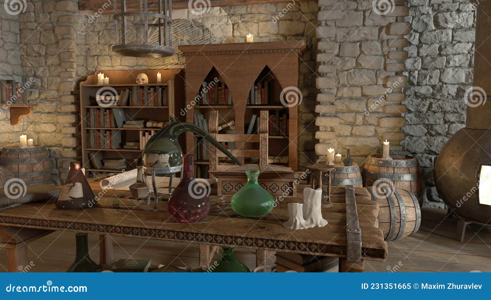 Fantasy Alchemy Laboratory 3d Illustration Stock Illustration ...