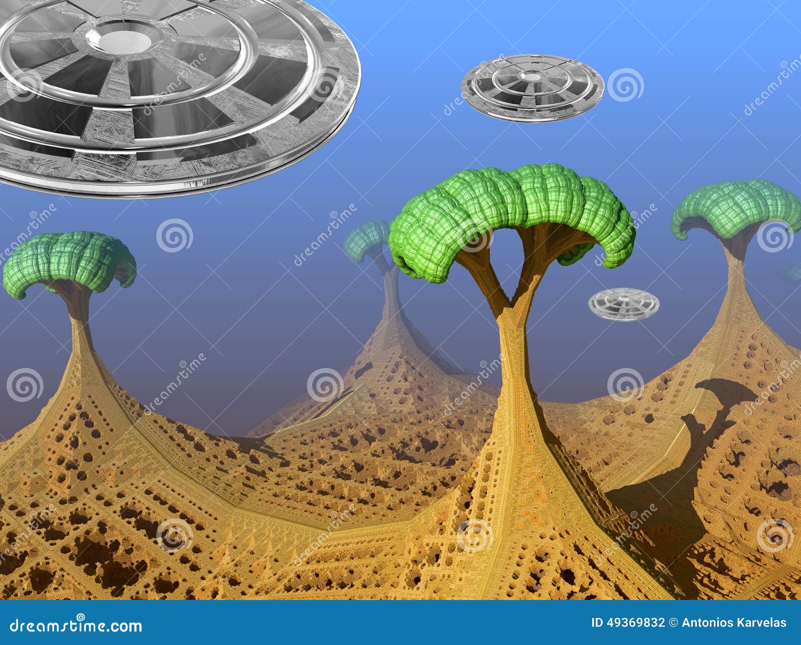 Fantasy Alien Landscape with UFOs Stock Illustration - Illustration of ...