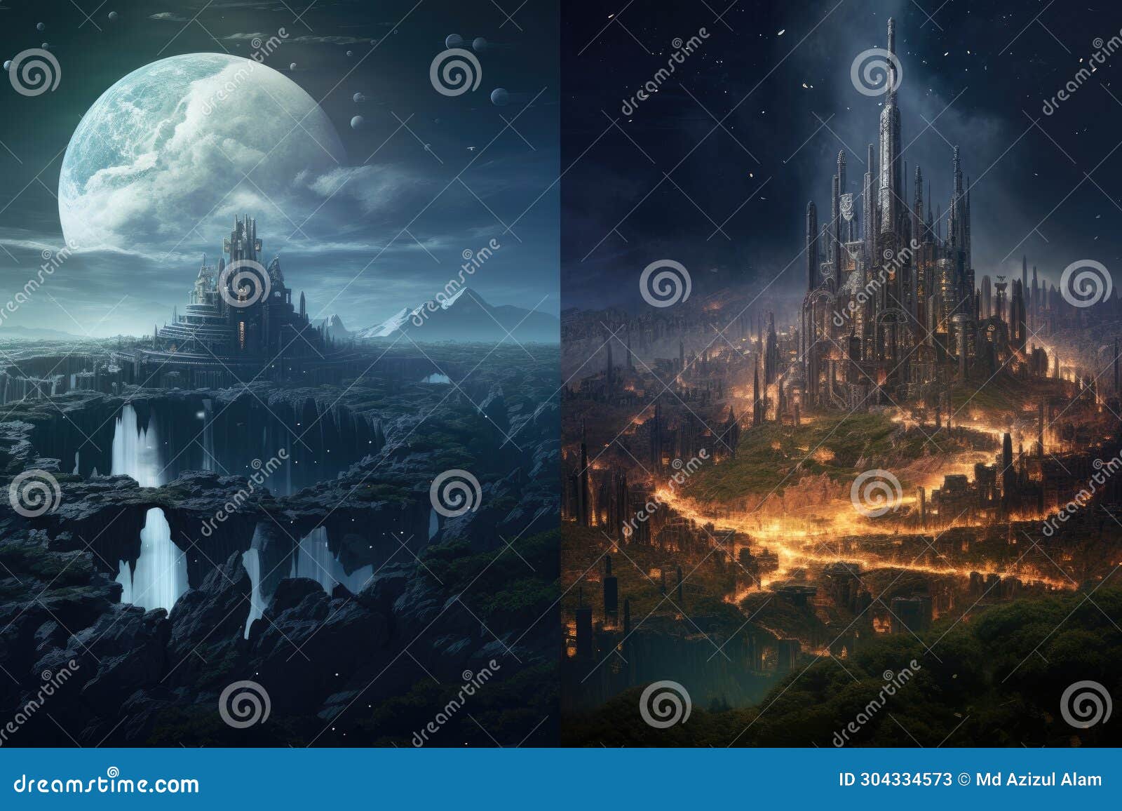 Fantasy Alien Planet. Mountain And City. 3D Rendering, A Collision Of Two Different Worlds ...