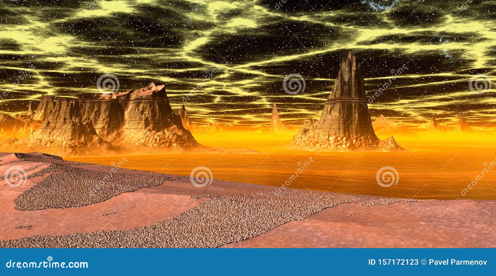 Alien Planet. Mountain and Lake. 3D Rendering Stock Illustration ...