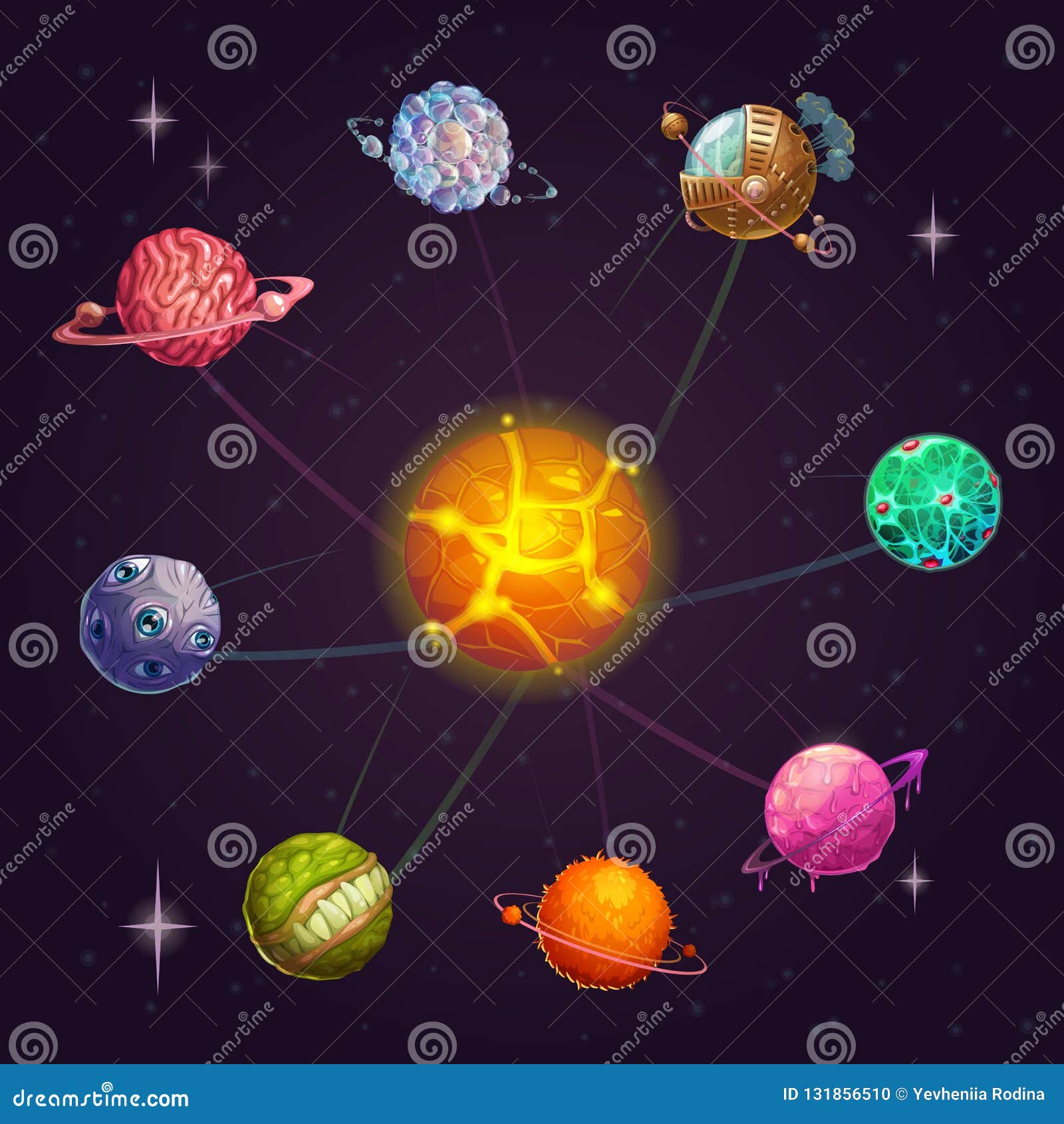 Fantasy Alien Solar System with Star and Unusual Planets. Vector Space ...