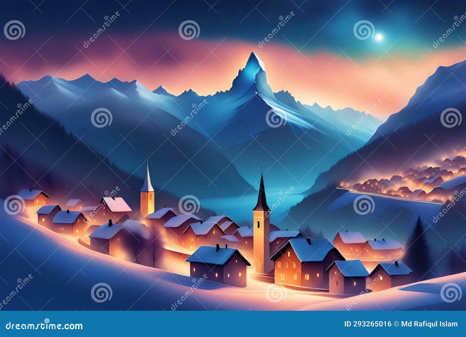 Fantasy Alpine Village in the Mountains at Night. Generative AI Stock ...