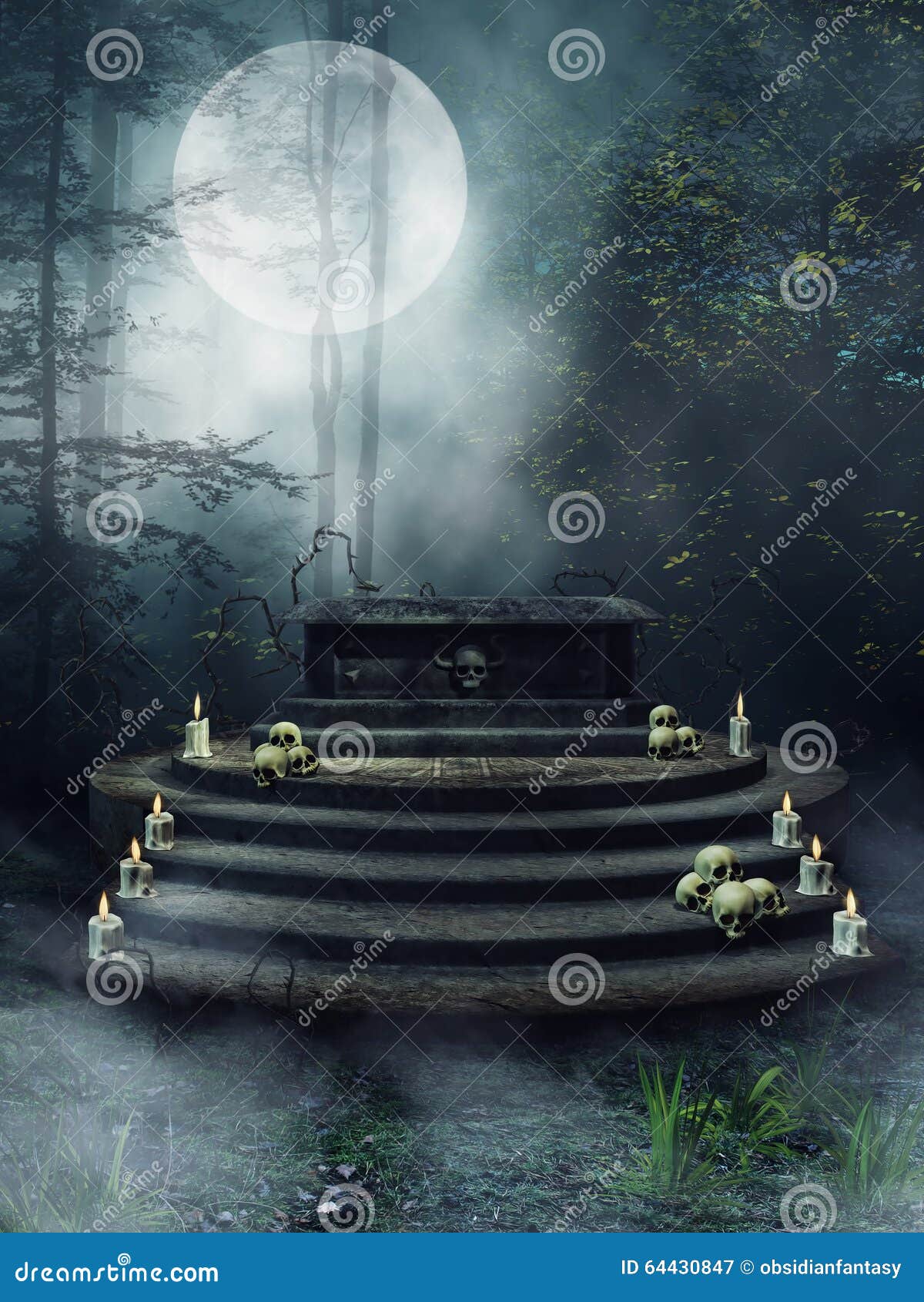 Dark Altar With A Magical Spell Book, Candles, Knife And A Skull ...