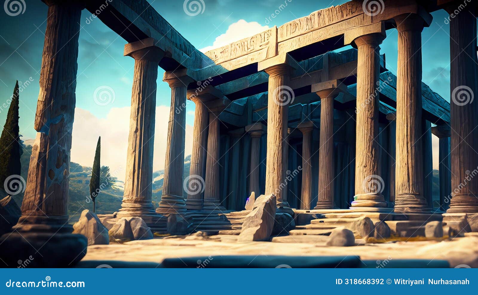 Fantasy Ancient Greek Temple with Stone Statues and Columns and Arches ...