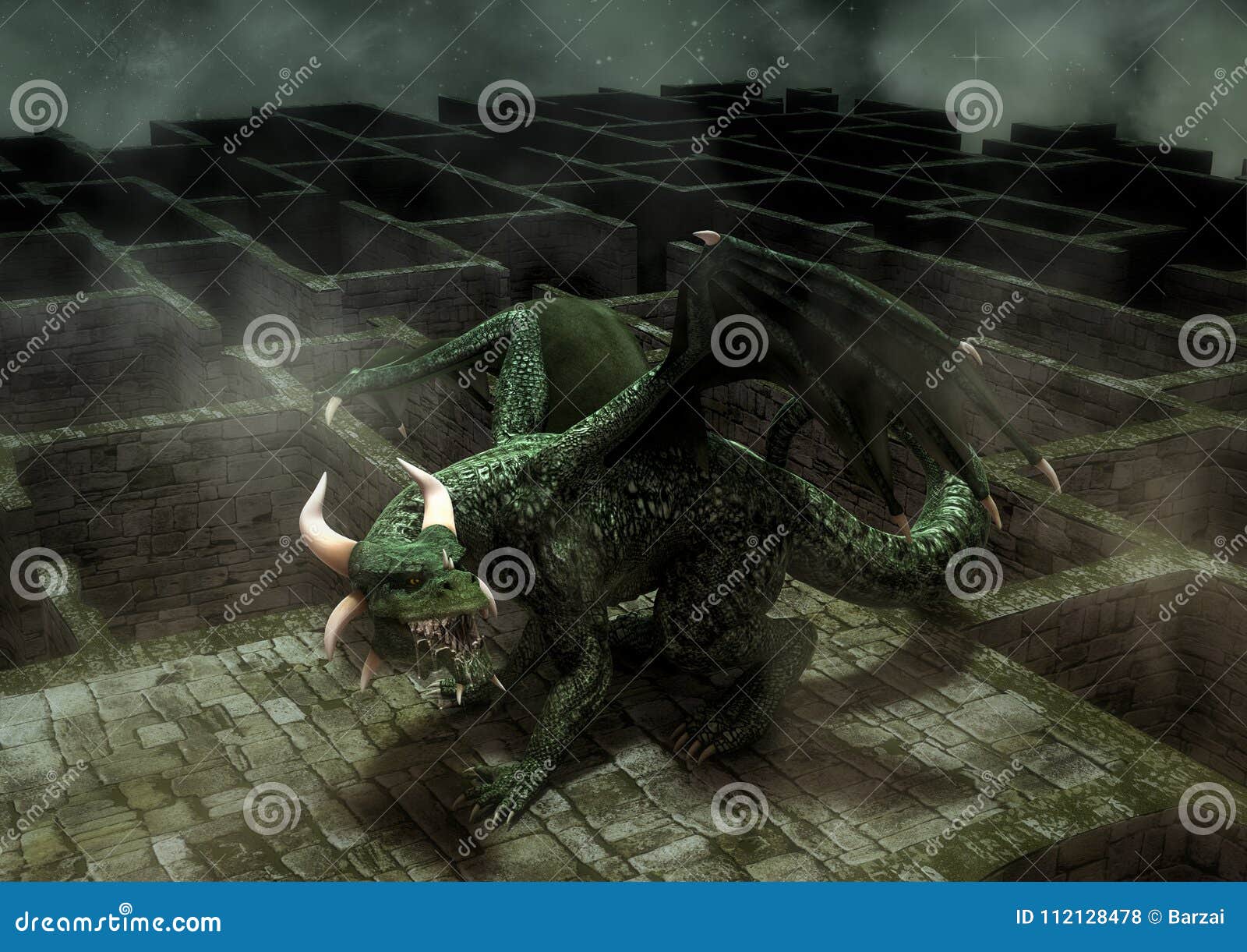 Fantasy Angry Green Dragon in a Maze. Stock Illustration - Illustration ...