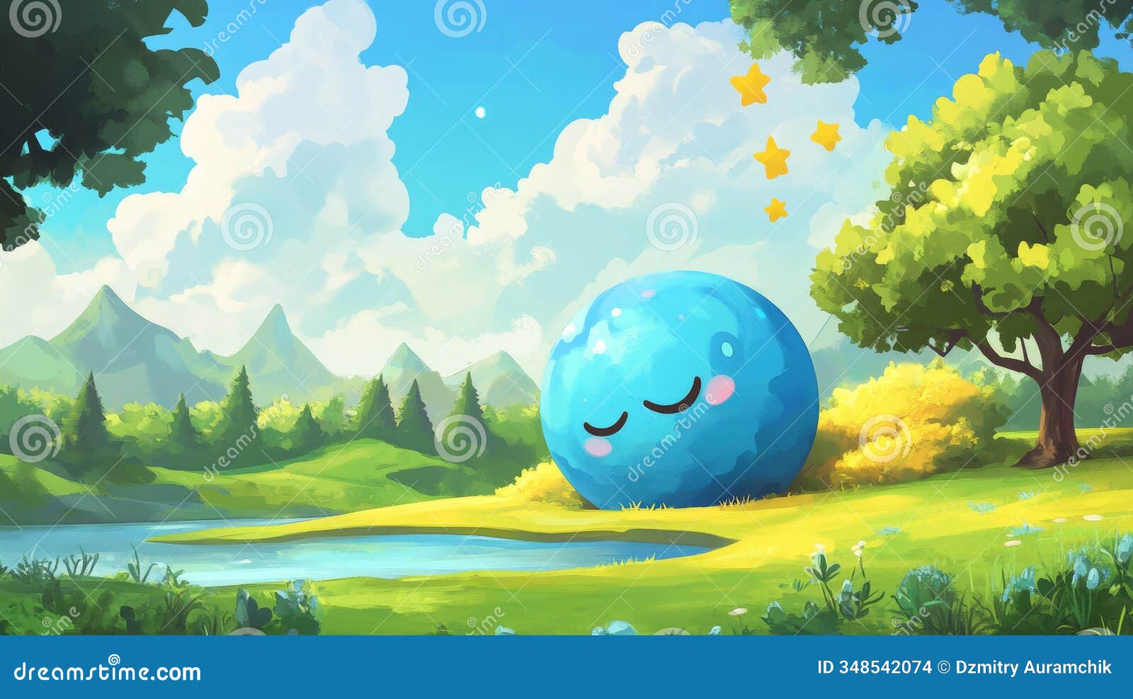 In a Fantasy Anime Series, Wild Forest Teeming with Blue Slime. Stock ...