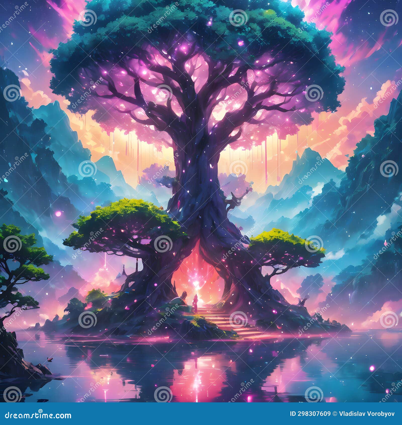 Fantasy Anime Tree of Life with Steps and an Entrance Inside Its Roots ...