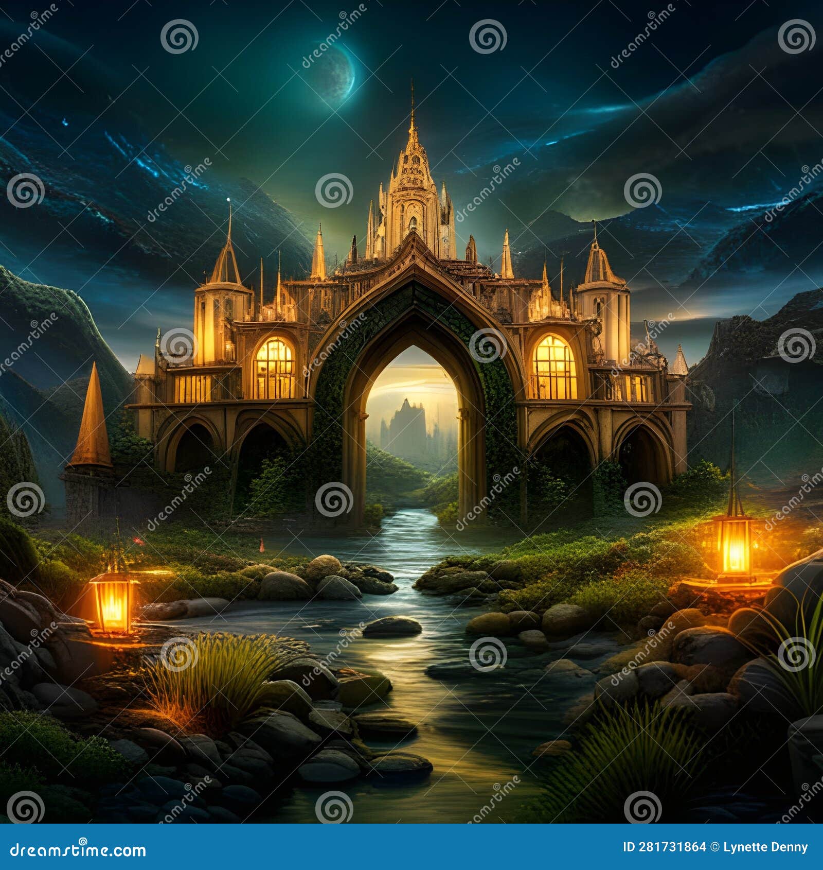 A Fantasy Arch in the Moonlight with a River Running through it Stock ...