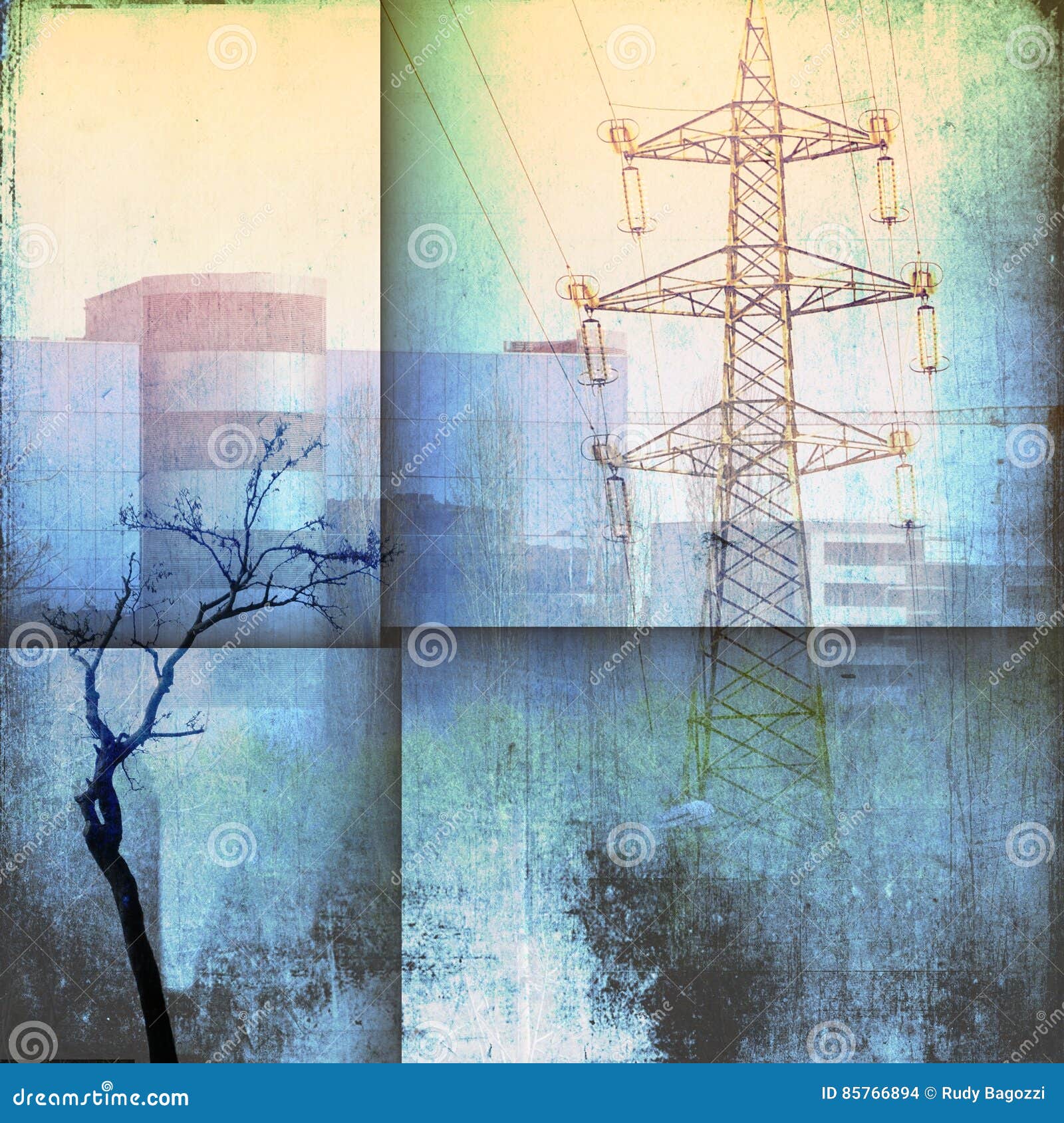 Fantasy Architecture Skyline with Building, Pylon and Bare Trees in ...