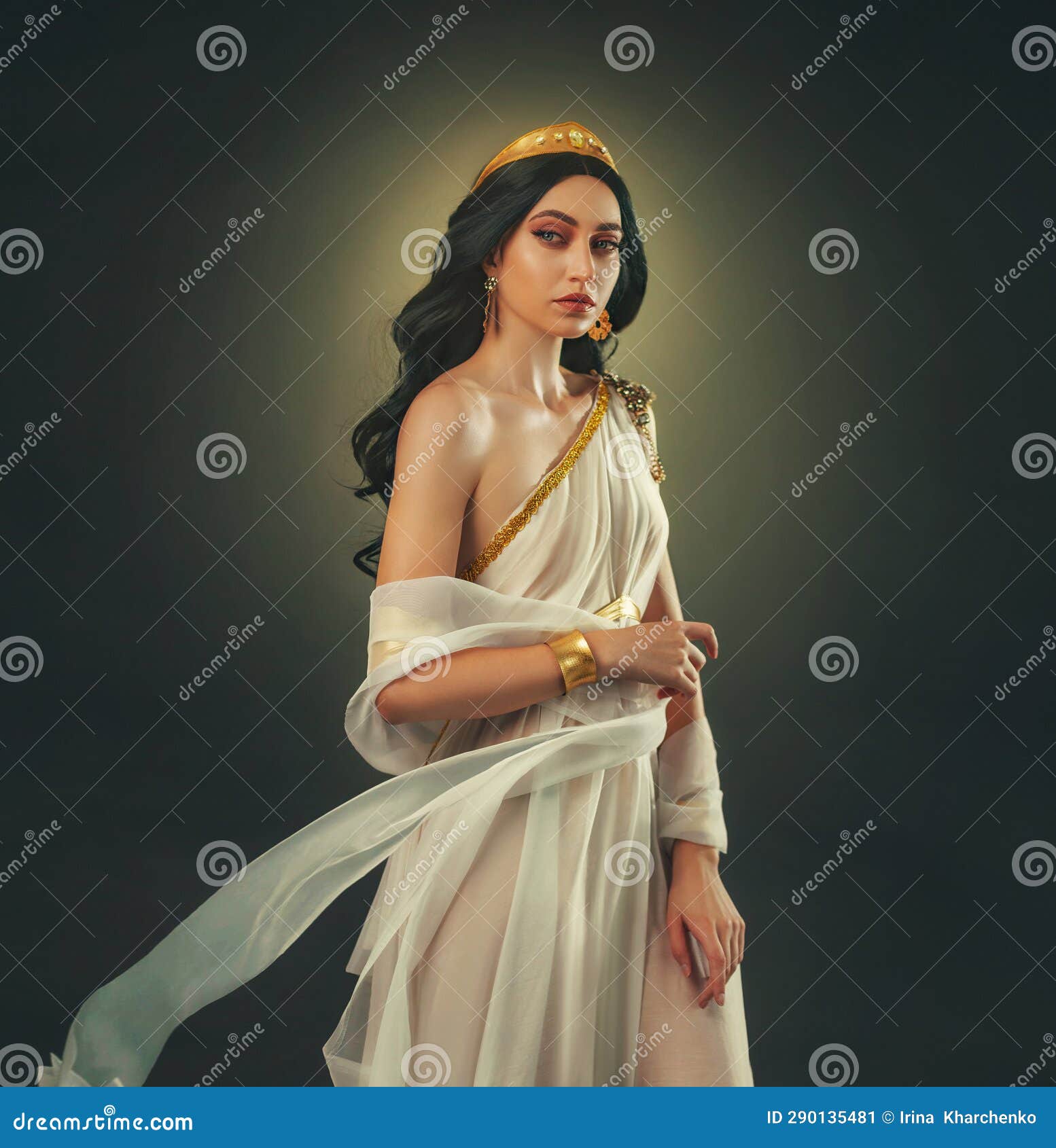 Fantasy Art Greek Goddess Woman Brunette Hair Fashion Model Posing Girl Aphrodite Queen Stock