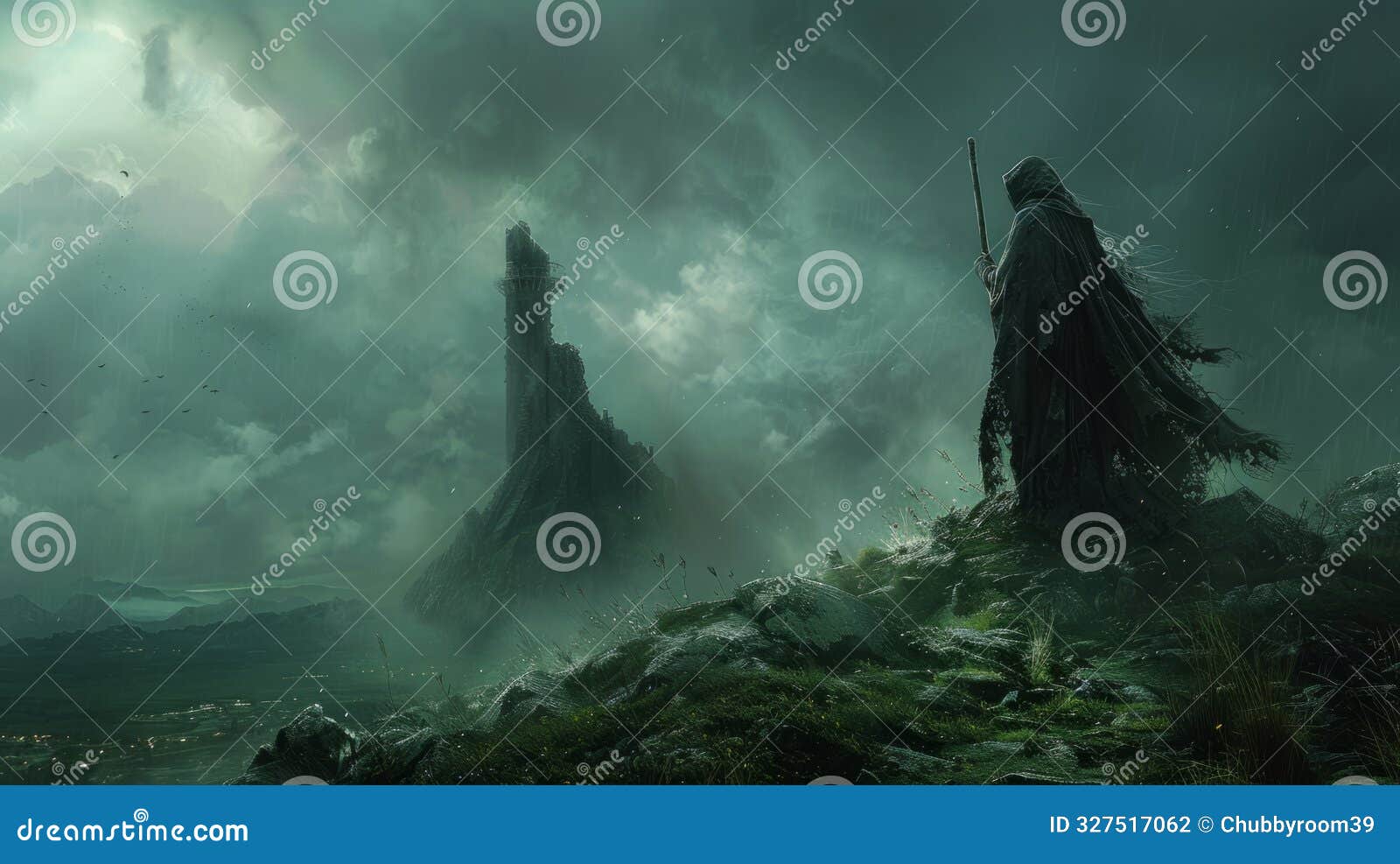 Fantasy Artwork, a Mystical Landscape with a Cloaked Figure and ...