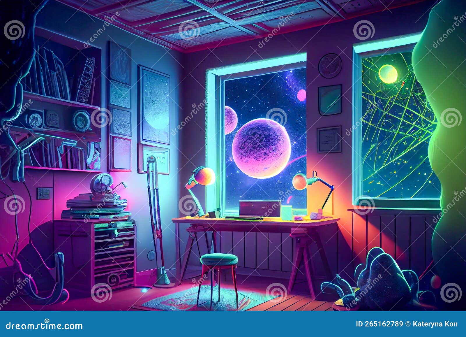 Fantasy Astronomer Workplace, Ai Illustration Stock Image - Image of ...