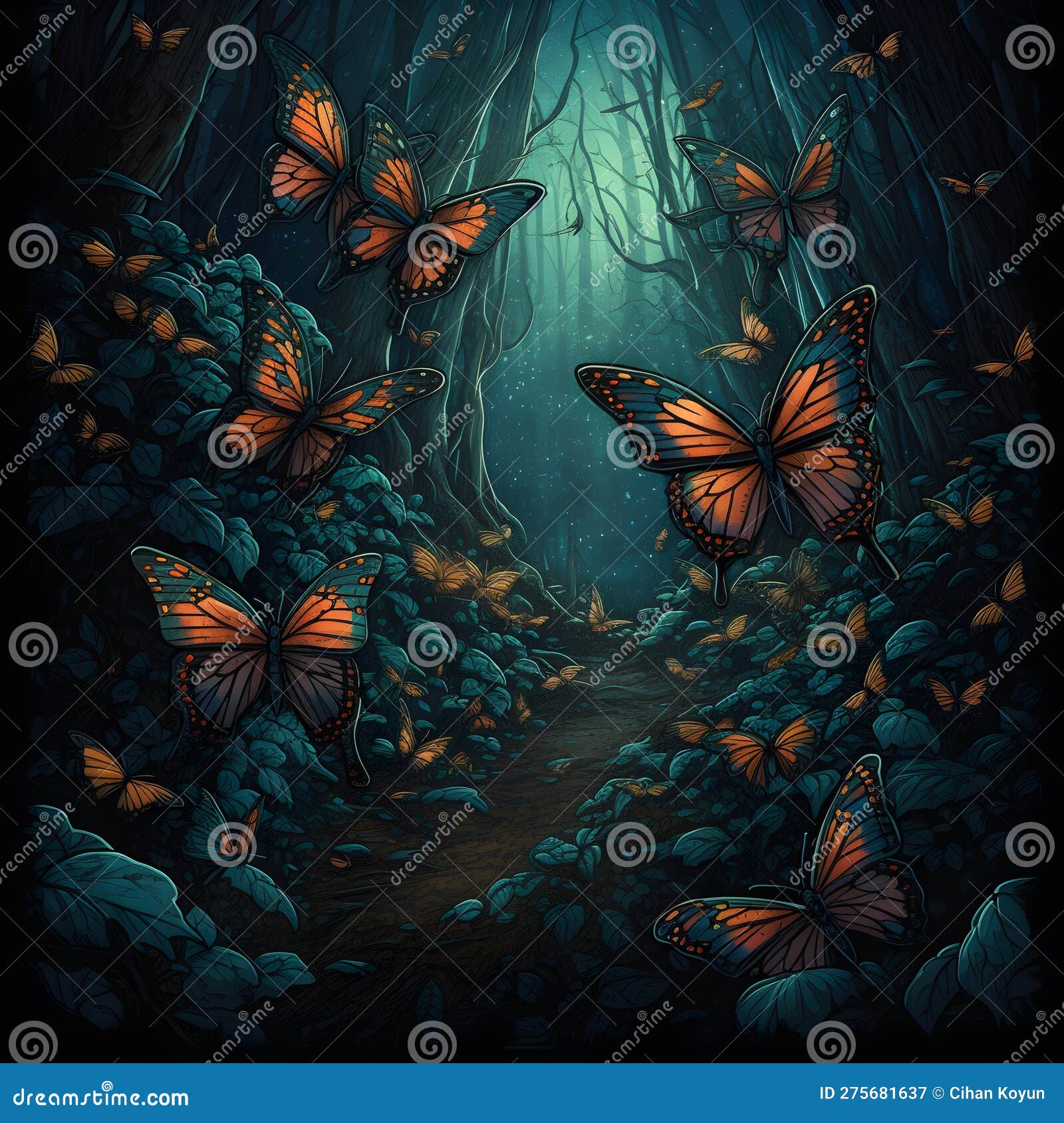 Fantasy Background with Beautiful Butterflies in the Forest Stock ...