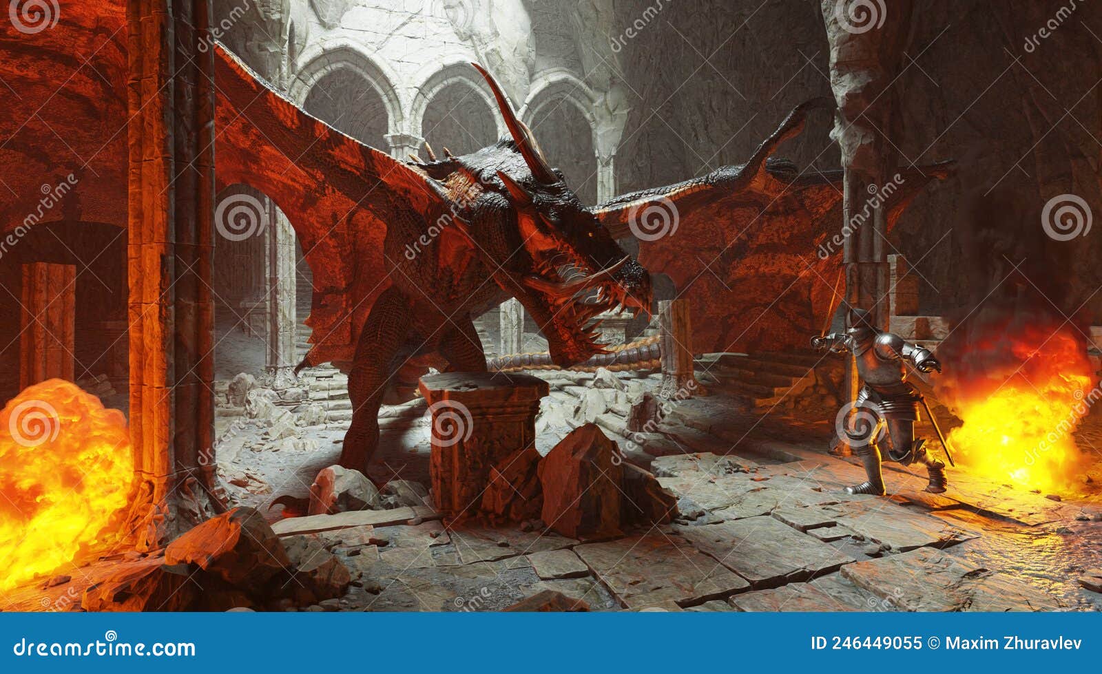 Fantasy Battle Scene with Dragon Attacking Medieval Knight 3d ...