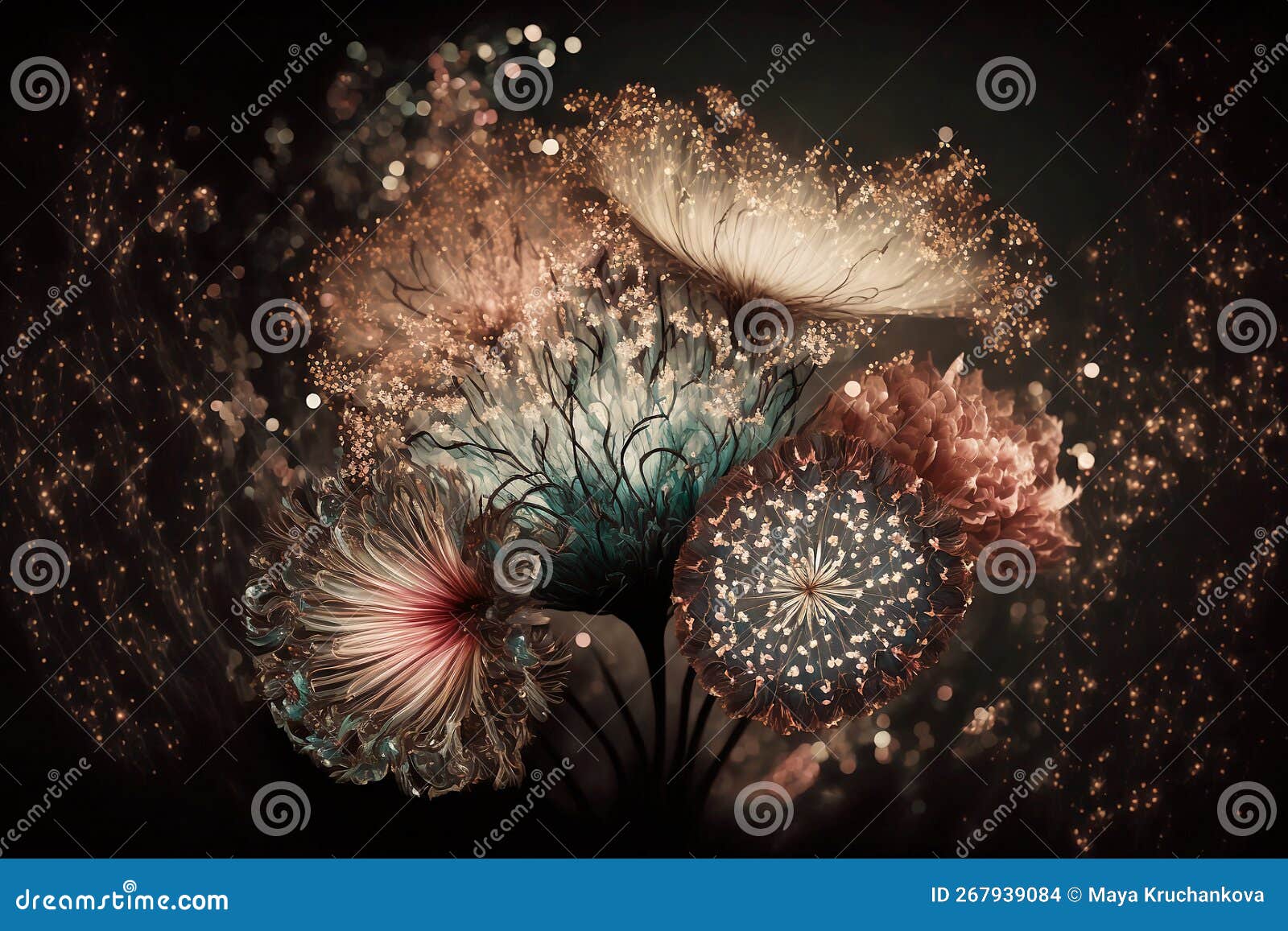 Fantasy Beautiful Flowers As Firework on Dark Background Stock ...