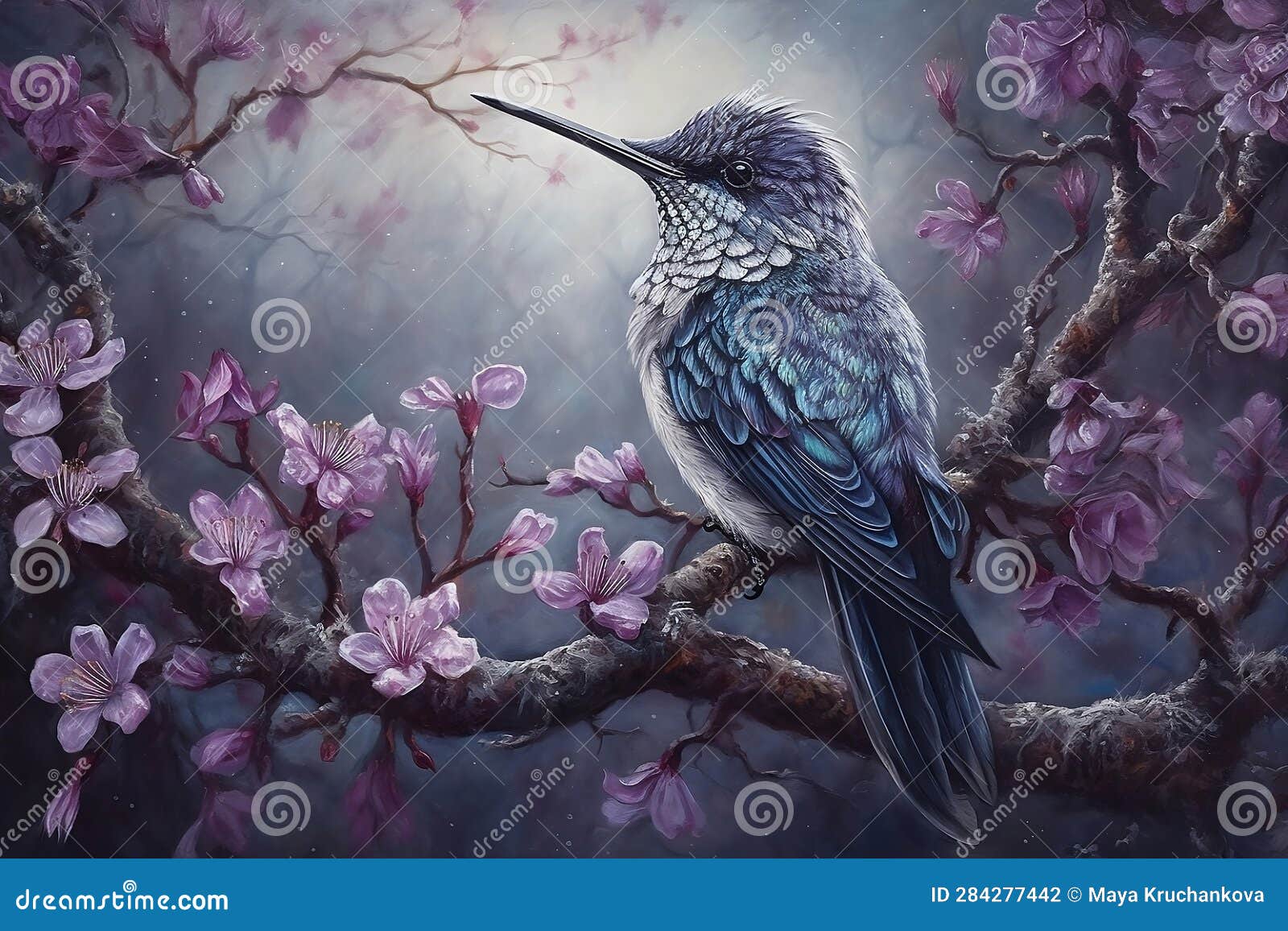 Fantasy Bird Sitting on Branches with Pink Flowers Stock Illustration ...