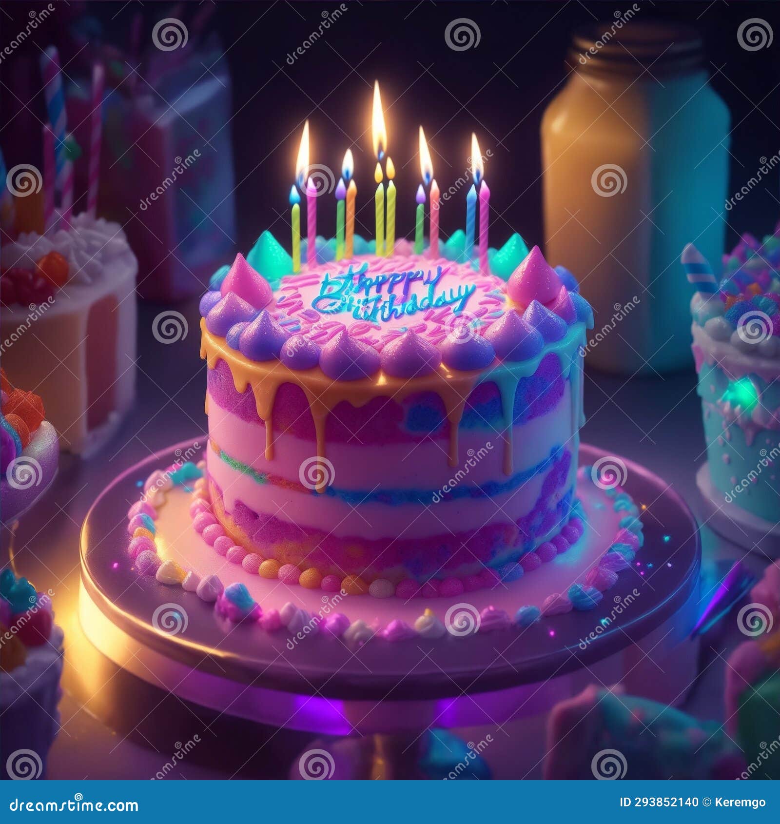 Fantasy Birthday Cake with Glowing Neon Lights Stock Illustration ...