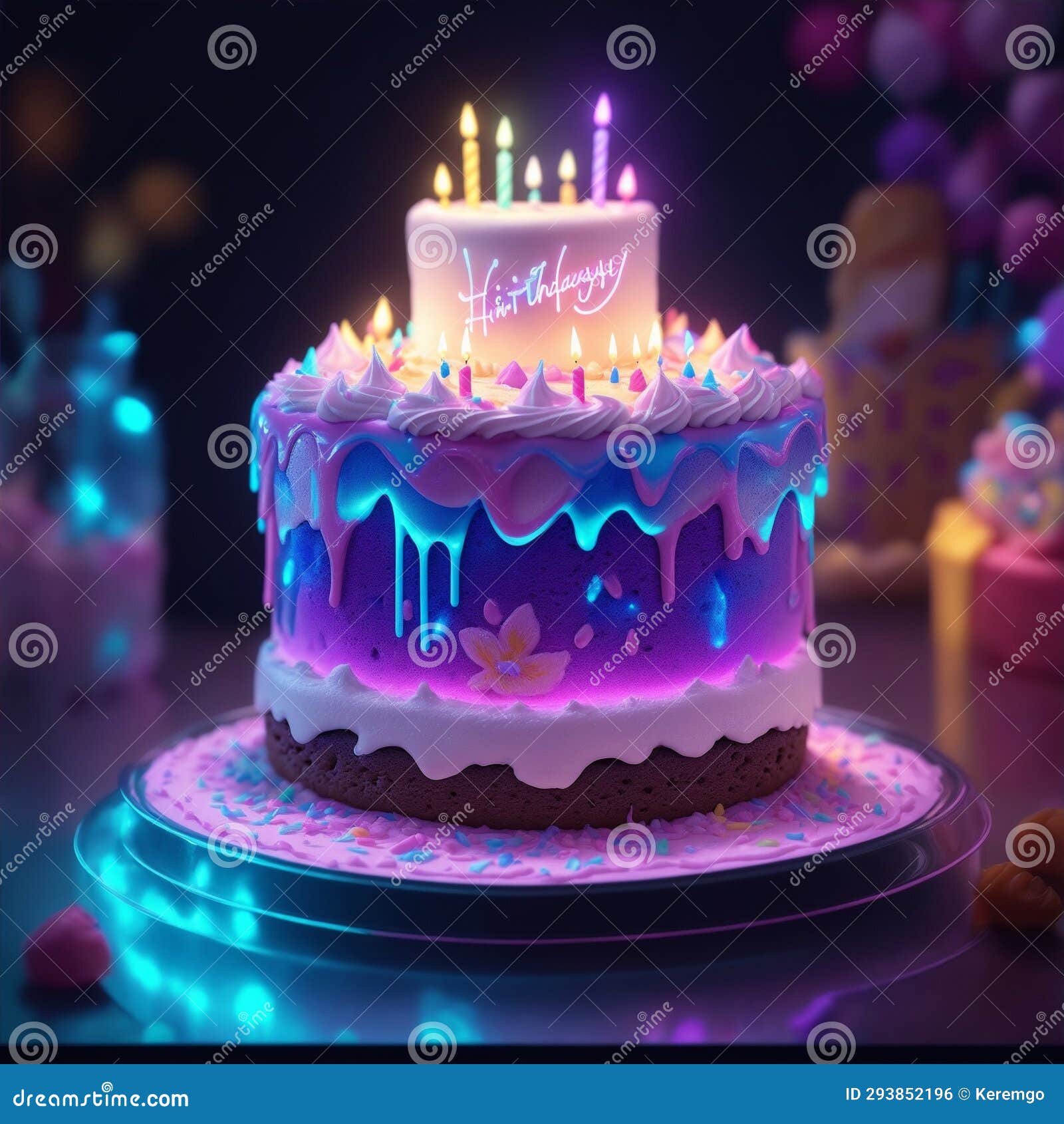 Fantasy Birthday Cake with Glowing Neon Lights Stock Illustration ...