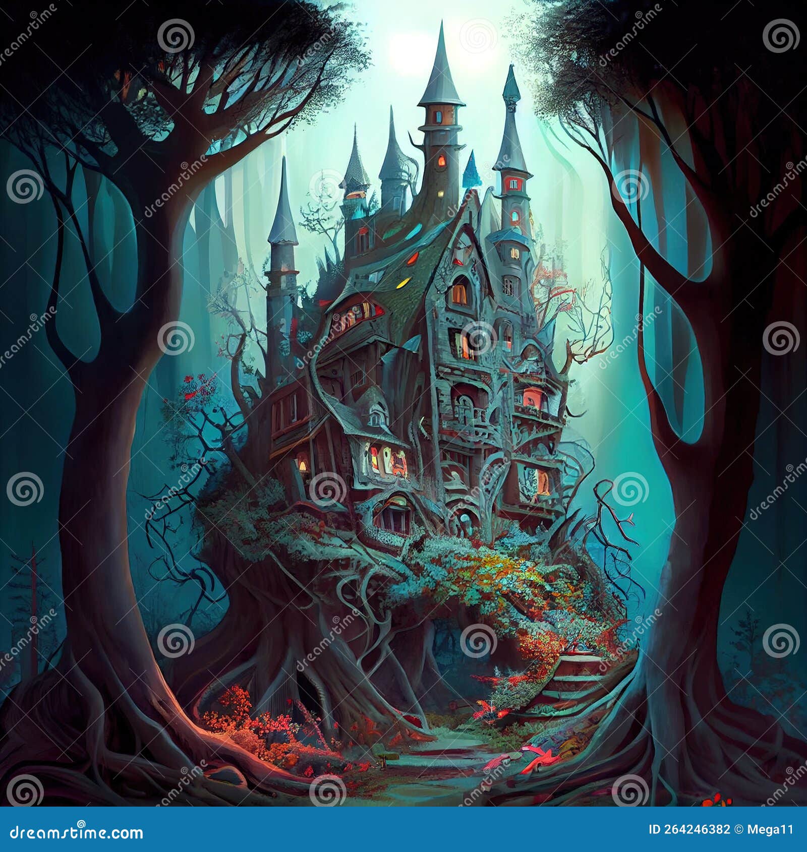 Generative AI: Castle in the Forest Stock Illustration - Illustration ...