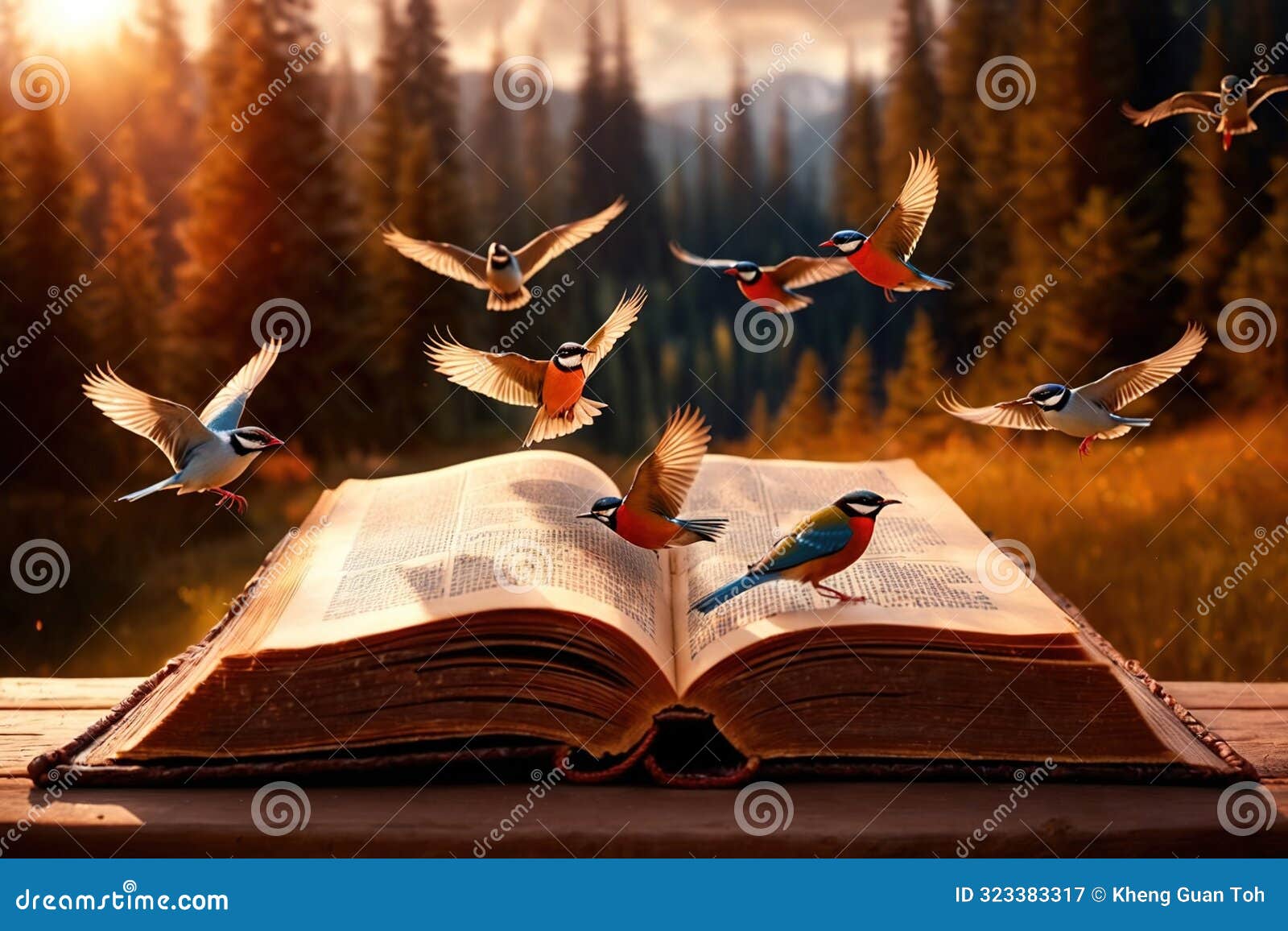 Fantasy Book with Birds Flying Over Open Book, Magical Imagination from ...