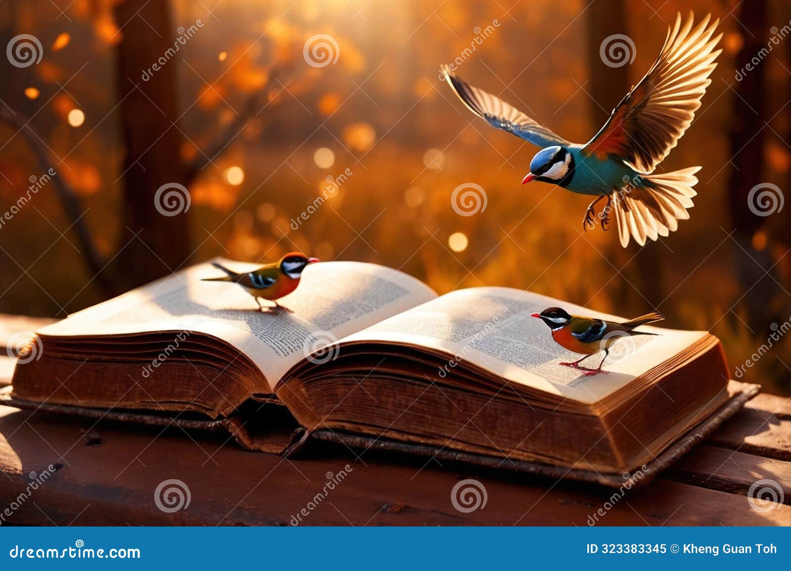 Fantasy Book with Birds Flying Over Open Book, Magical Imagination from ...