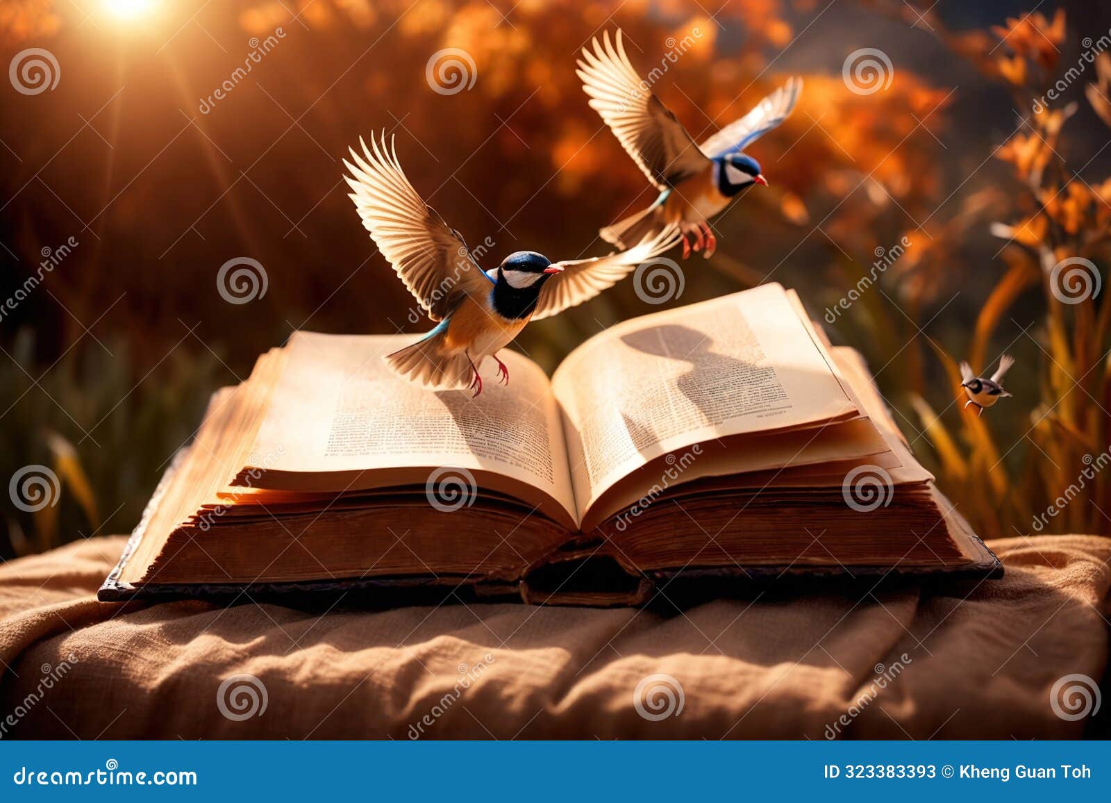 Fantasy Book with Birds Flying Over Open Book, Magical Imagination from ...