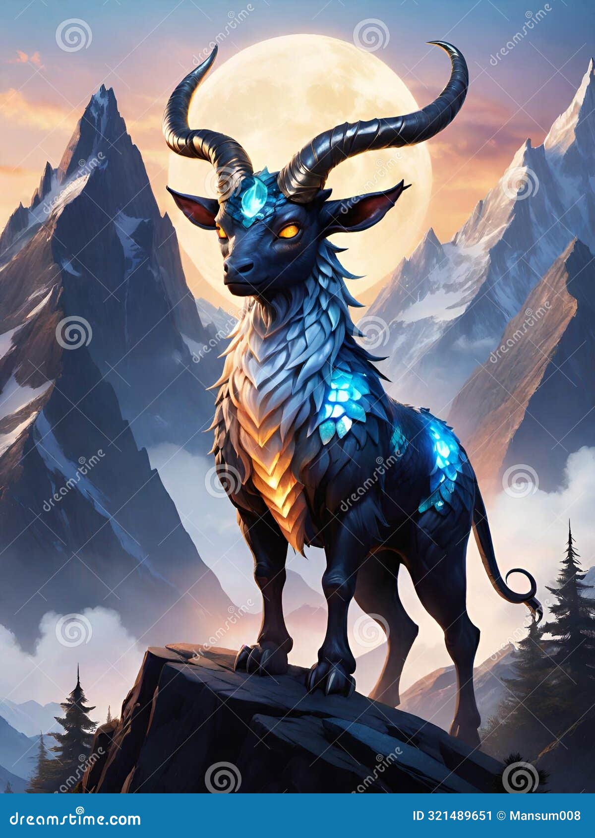 Fantasy Bull on the Moon with Magic Background Illustration Stock ...