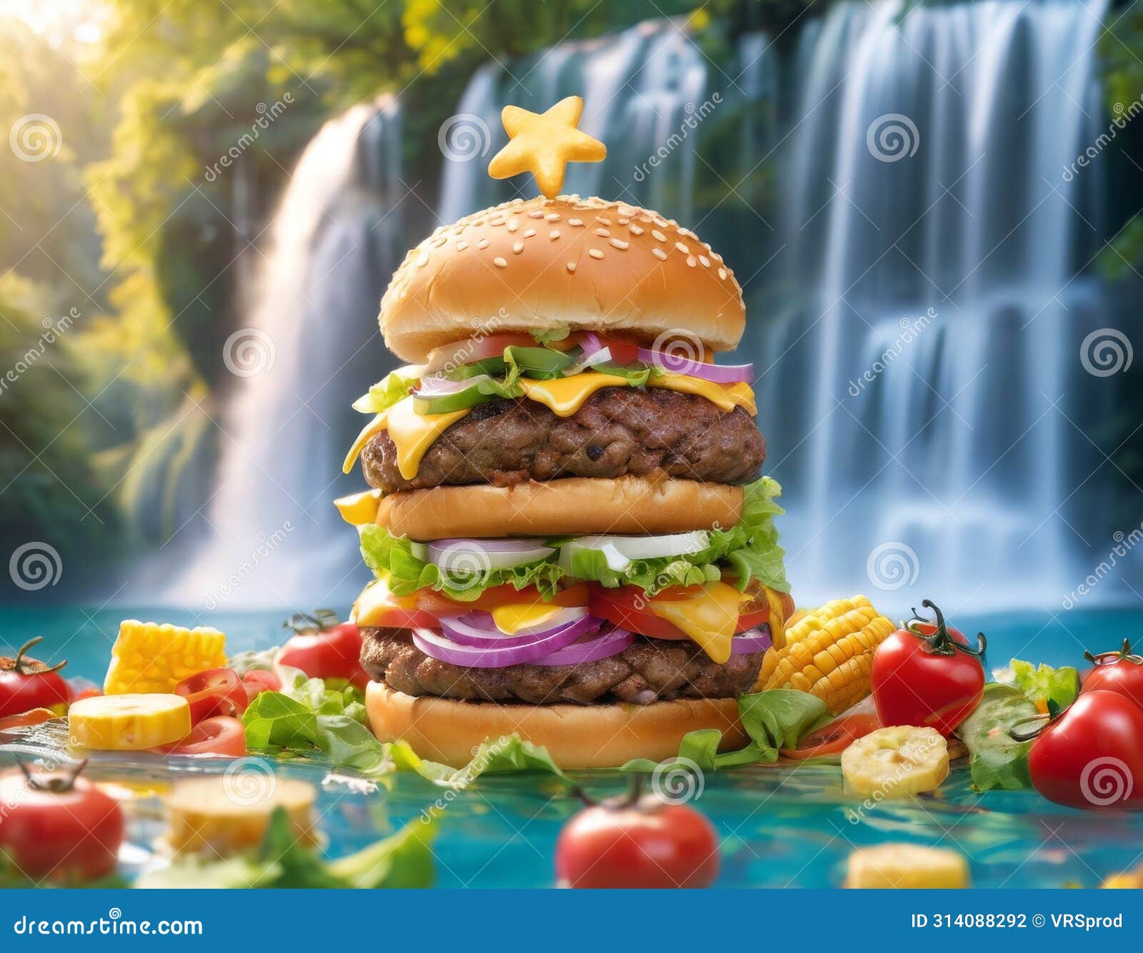 Fantasy Burger by a Waterfall Stock Illustration - Illustration of beef ...