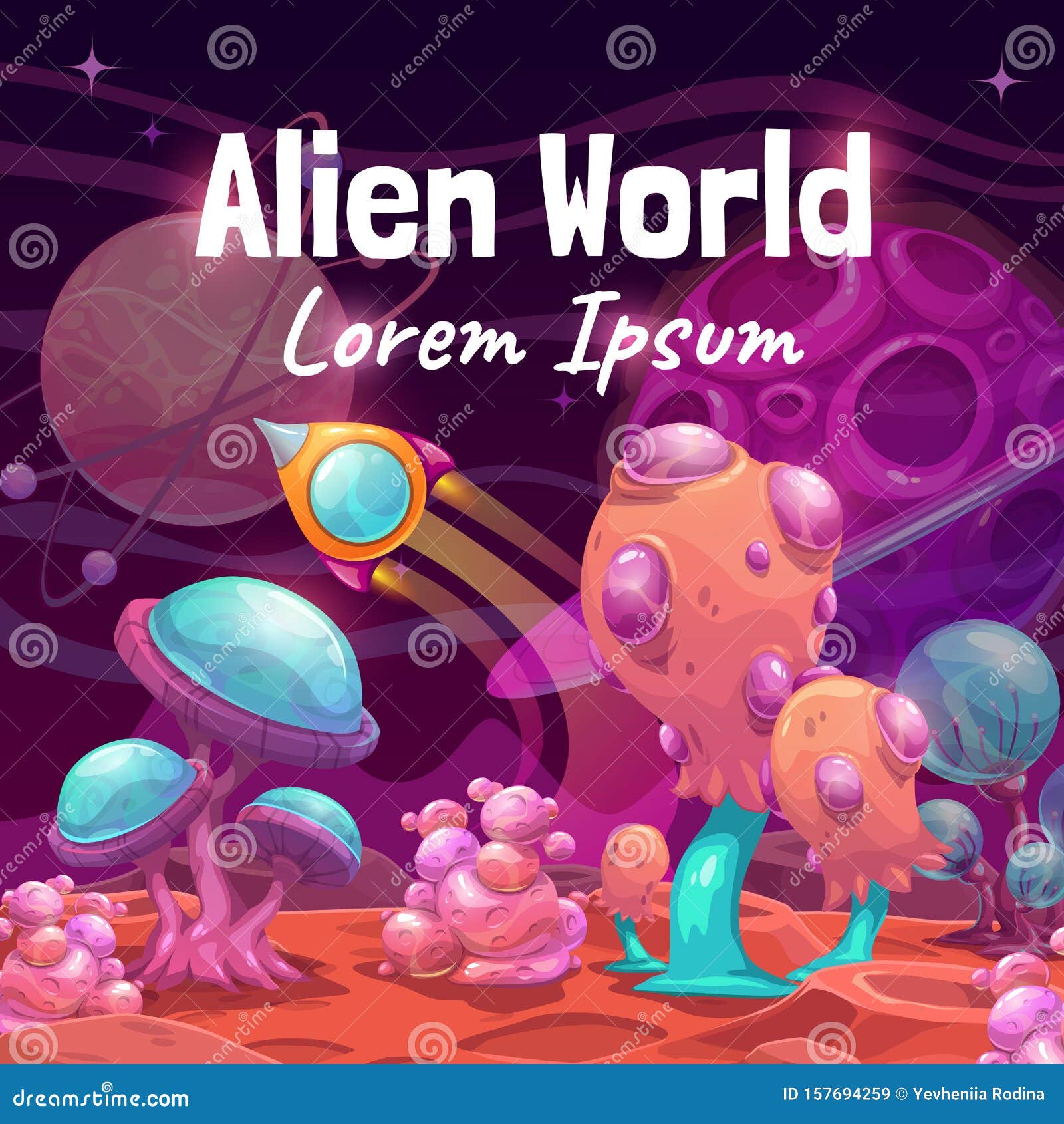 Fantasy Cartoon Alien World Landscape. Vector Magic Planet Illustration ...