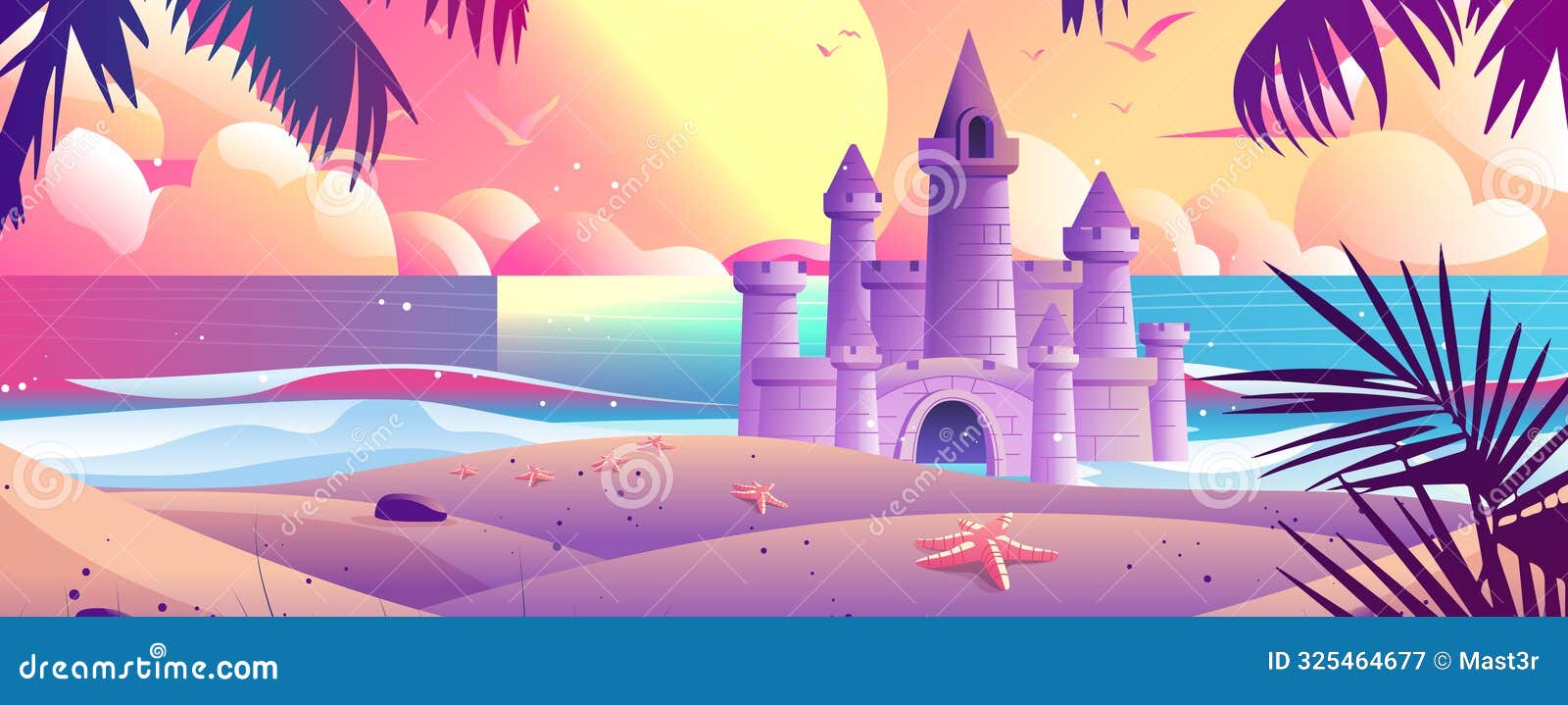 Fantasy Castle on Beach with Starfish Palm Trees Ocean Sunset Sky and ...