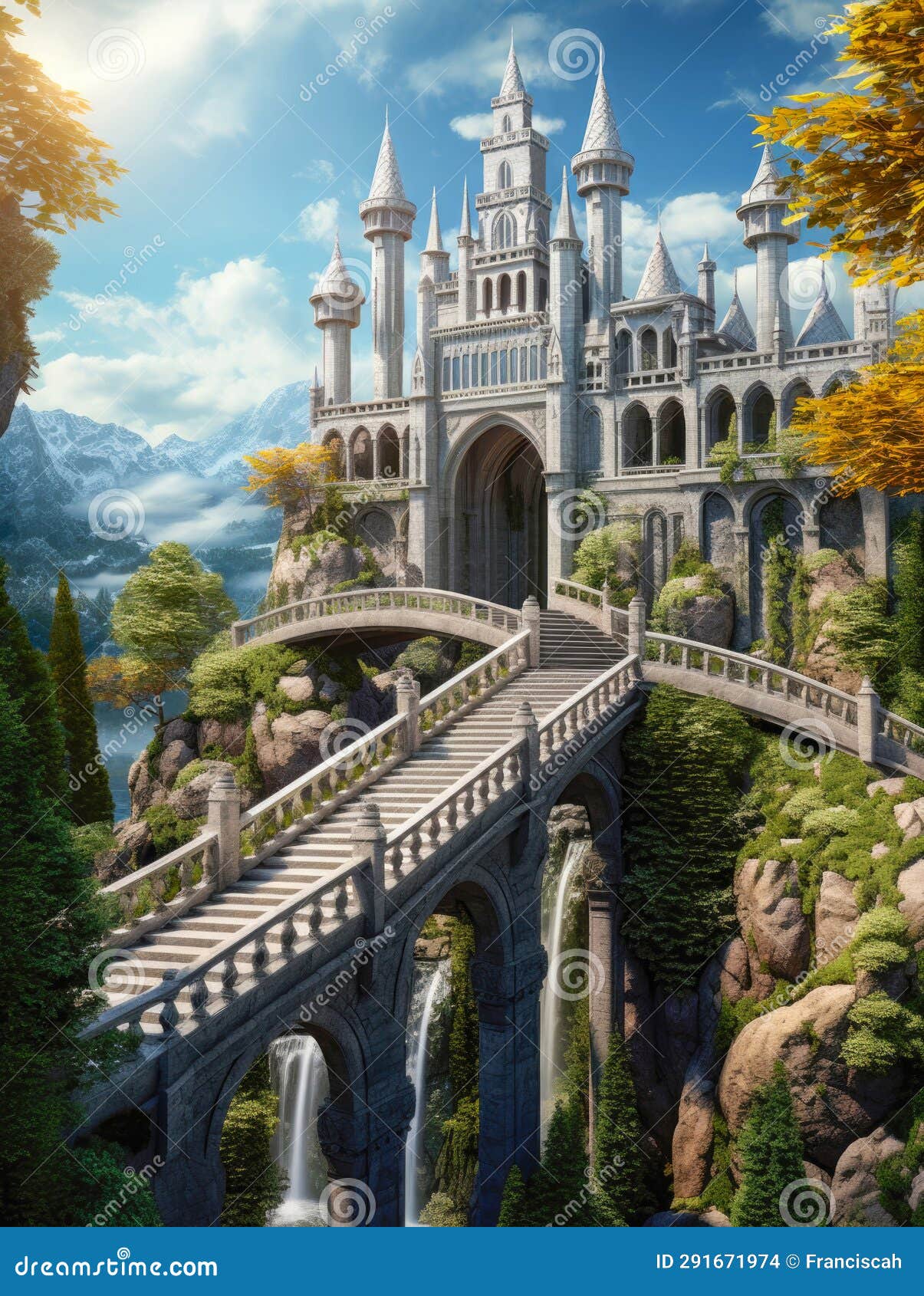 Fantasy Castle with a Bridge on the Top of a Mountain with Waterfalls ...