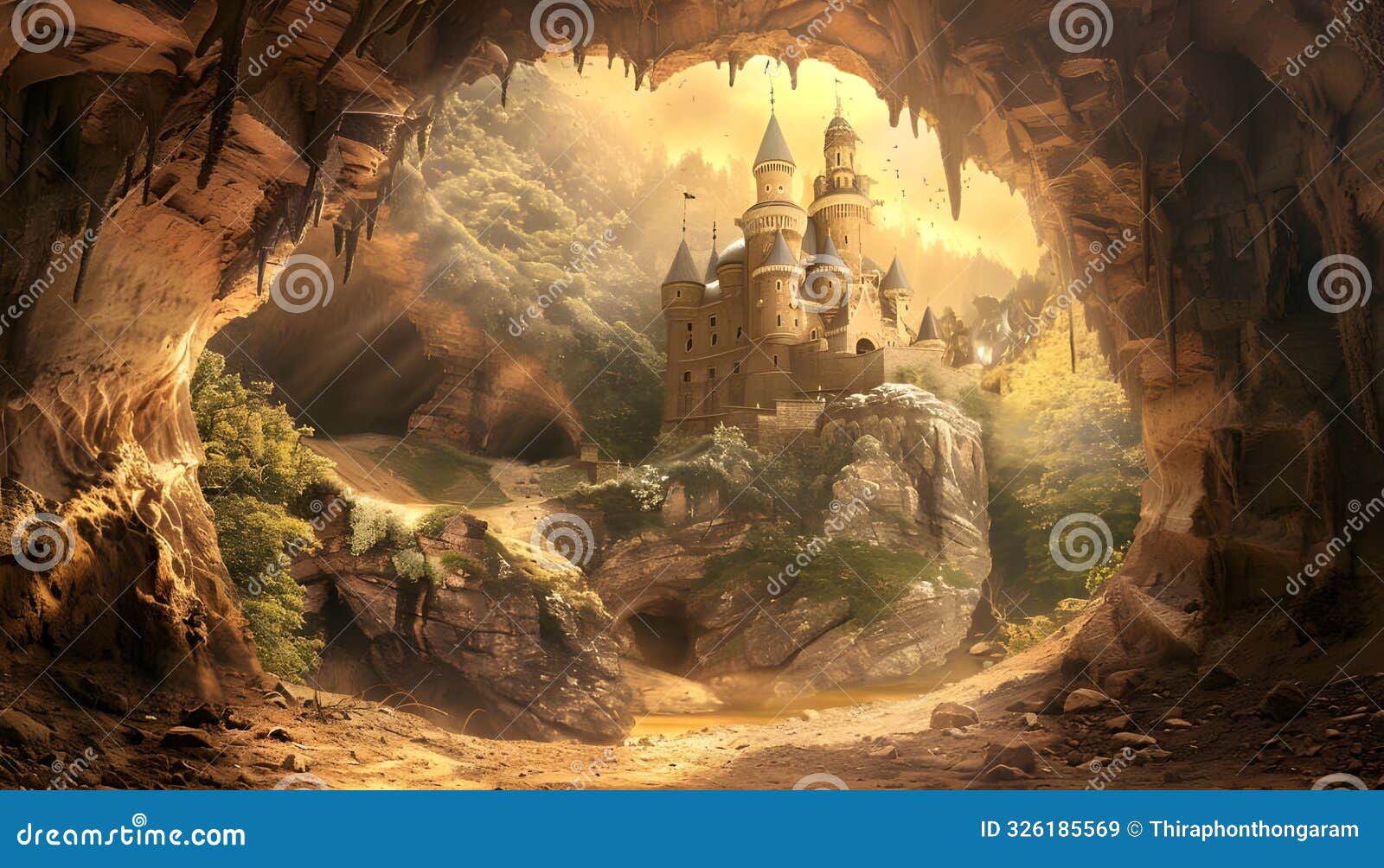 Fantasy castle in a cave stock illustration. Illustration of night - 326185569
