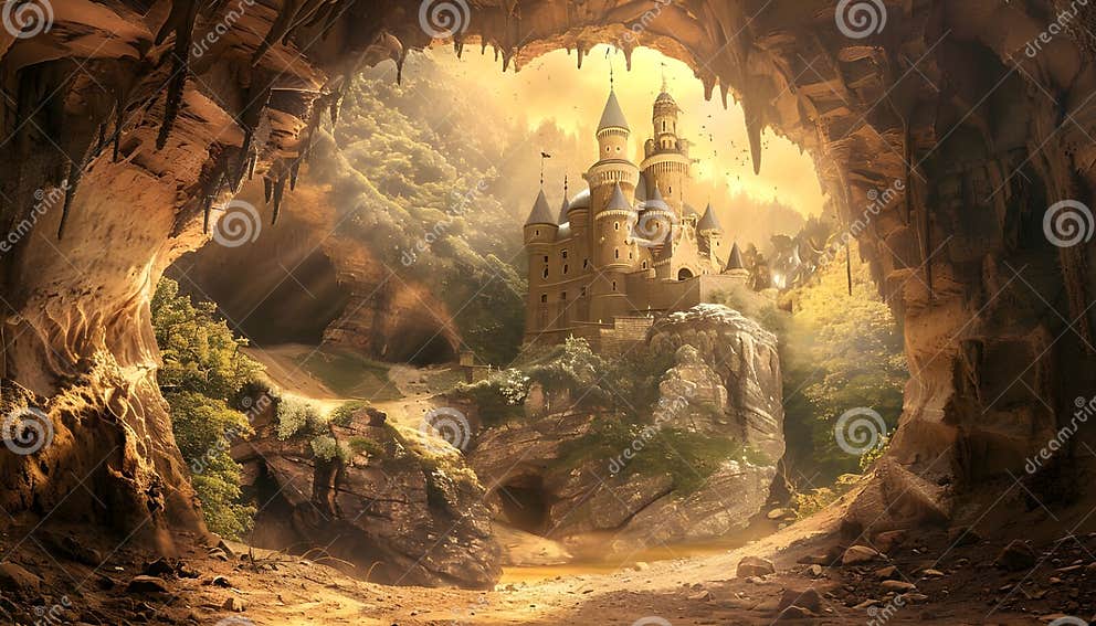Fantasy castle in a cave stock illustration. Illustration of night ...