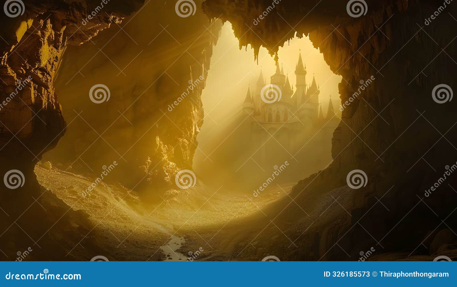 Fantasy castle in a cave stock illustration. Illustration of tourism - 326185573