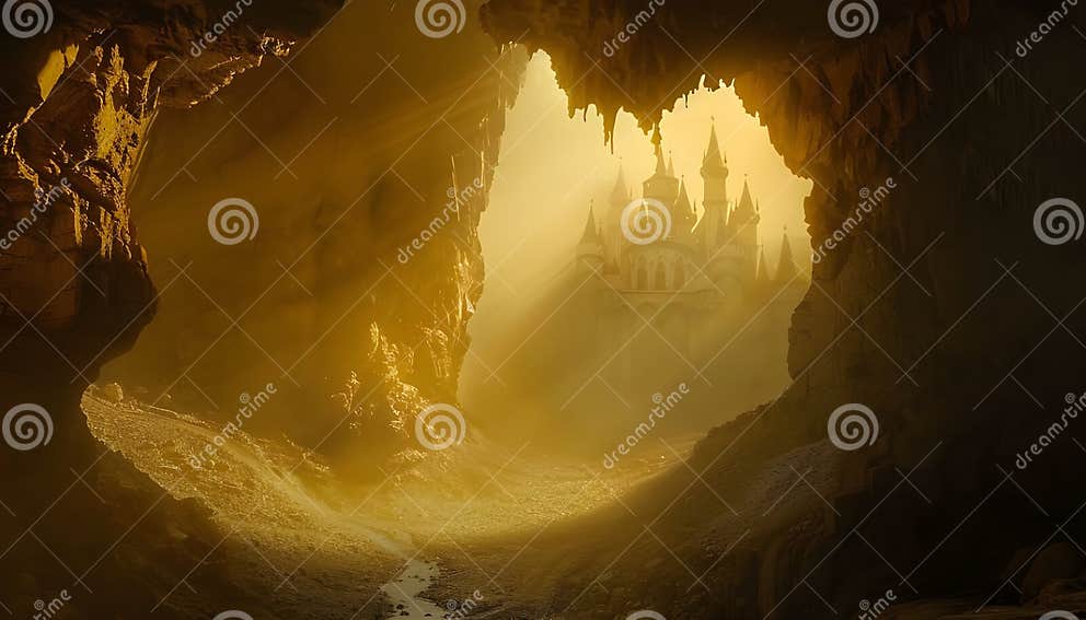 Fantasy castle in a cave stock illustration. Illustration of tourism ...
