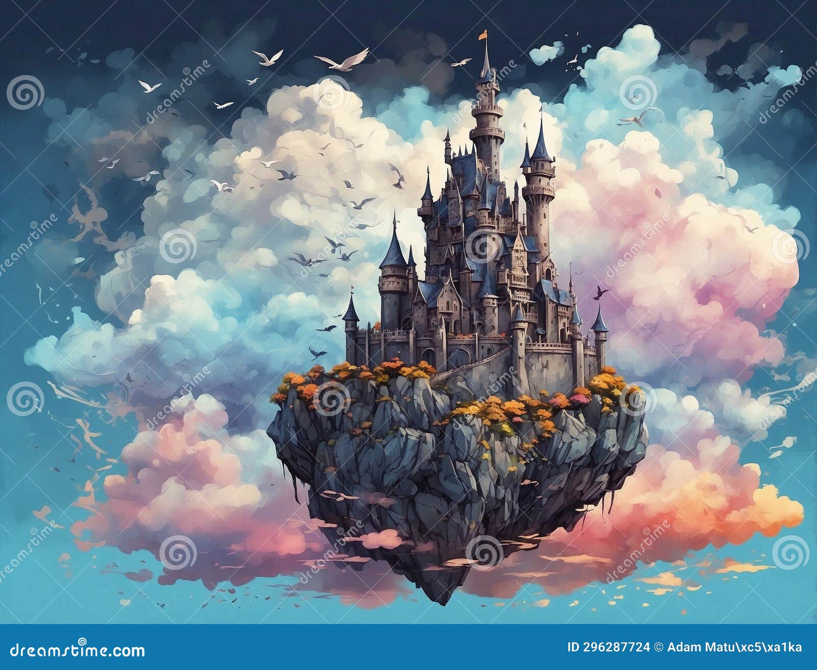 Fantasy Castle in the Clouds Stock Illustration - Illustration of ...