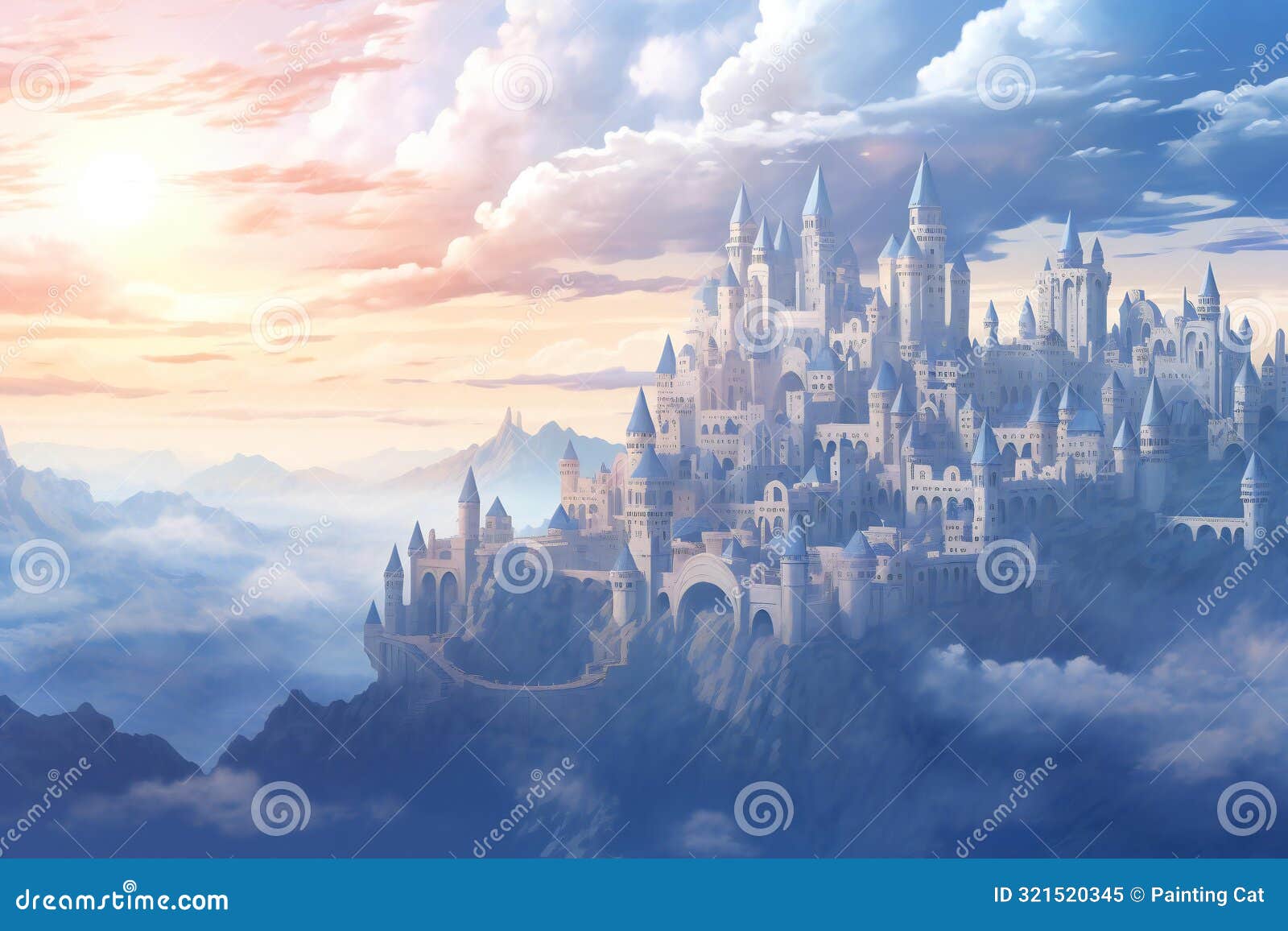Fantasy Castle in the Clouds Stock Illustration - Illustration of ...