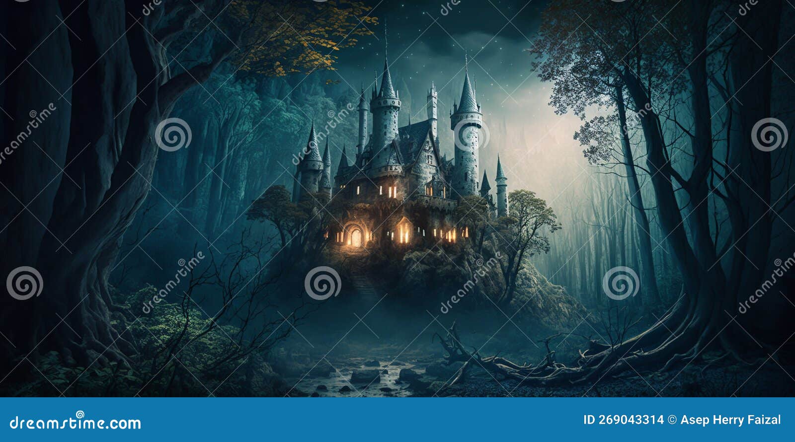 Fantasy Castle in Dark Forest Stock Illustration - Illustration of ...