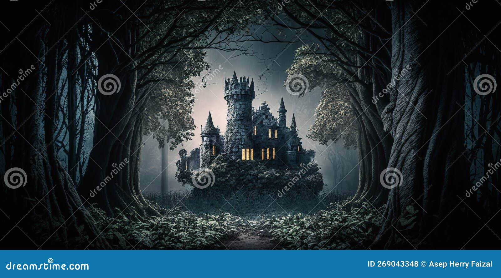 Fantasy Castle in Dark Forest Stock Illustration - Illustration of ...