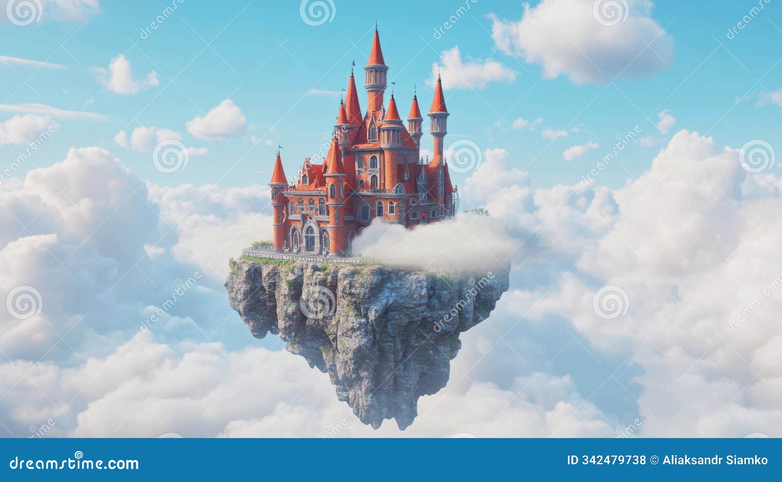 Fantasy Castle on a Floating Island with Clouds Stock Illustration ...