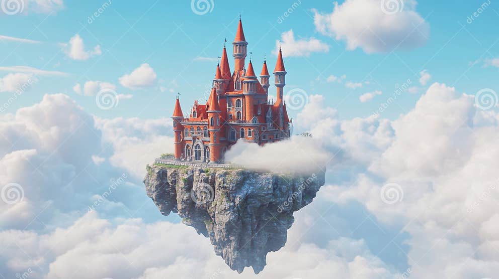 Fantasy Castle on a Floating Island with Clouds Stock Illustration ...