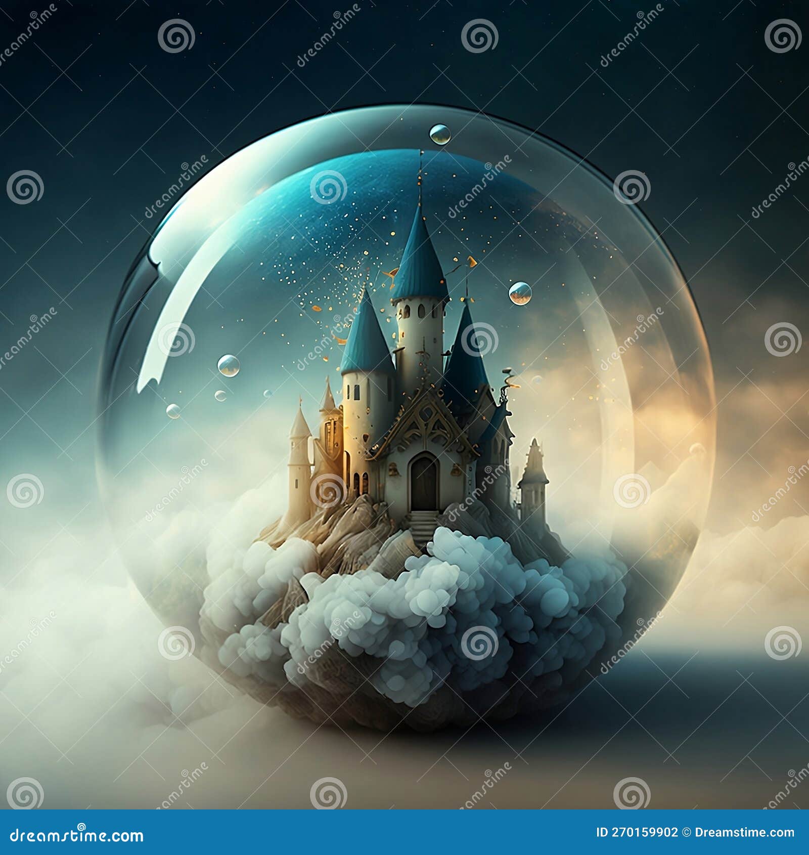 A Castle in a Glass Sphere Above the Clouds Stock Illustration ...