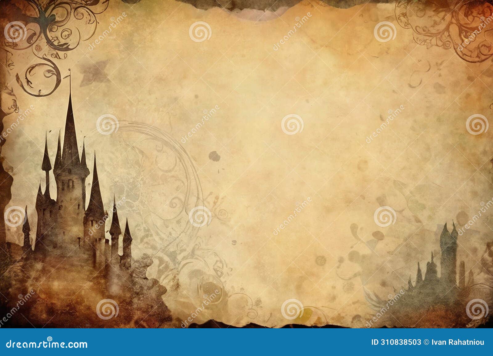 Fantasy Castle Illustration on Old Craft Paper with Grunge Texture ...