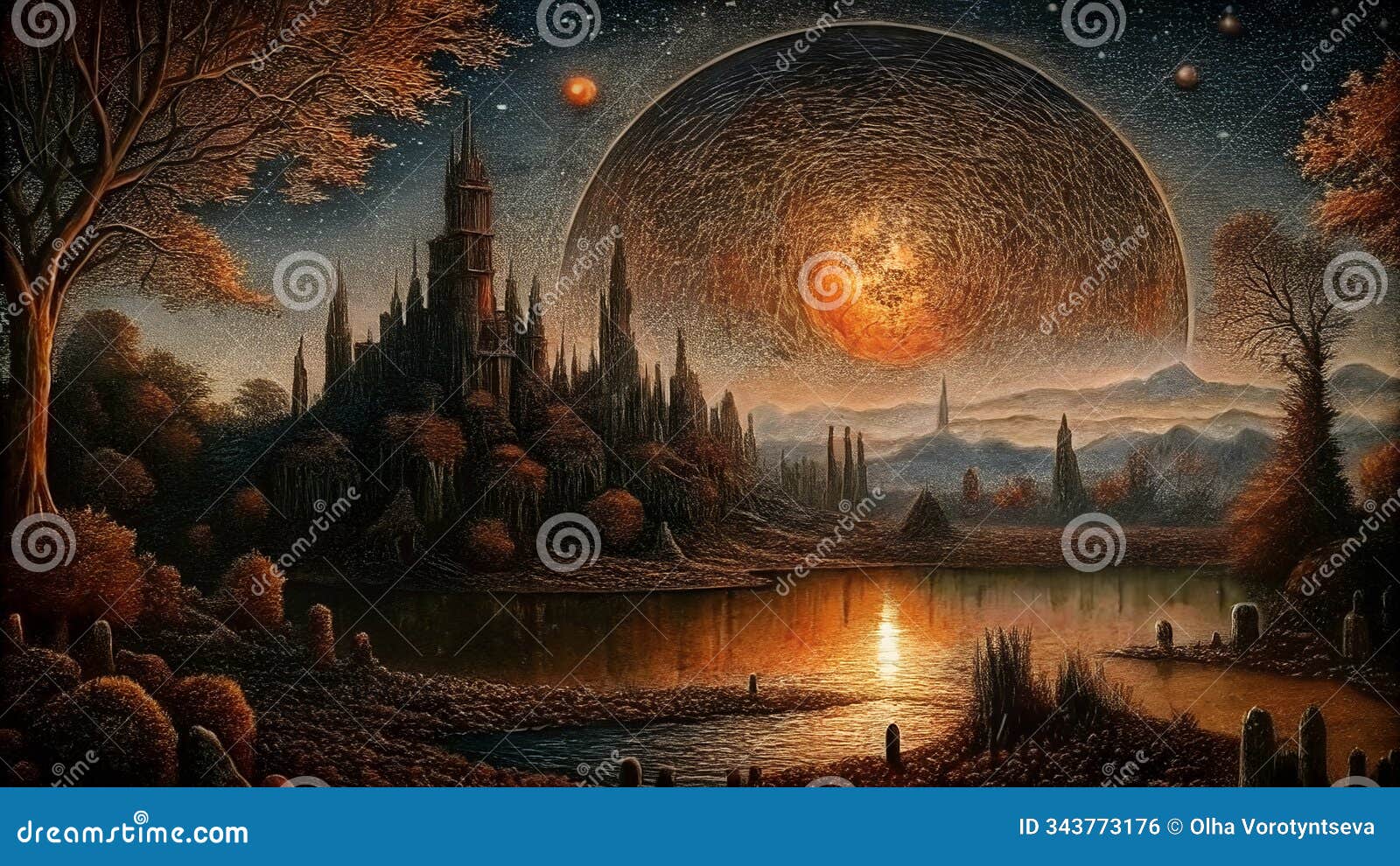 Fantasy Castle Landscape with a Glowing Sunset and Celestial Sphere ...