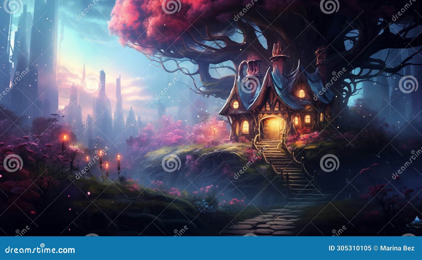 Fantasy Castle in Magic Fairytale Forest Stock Image - Image of tower ...