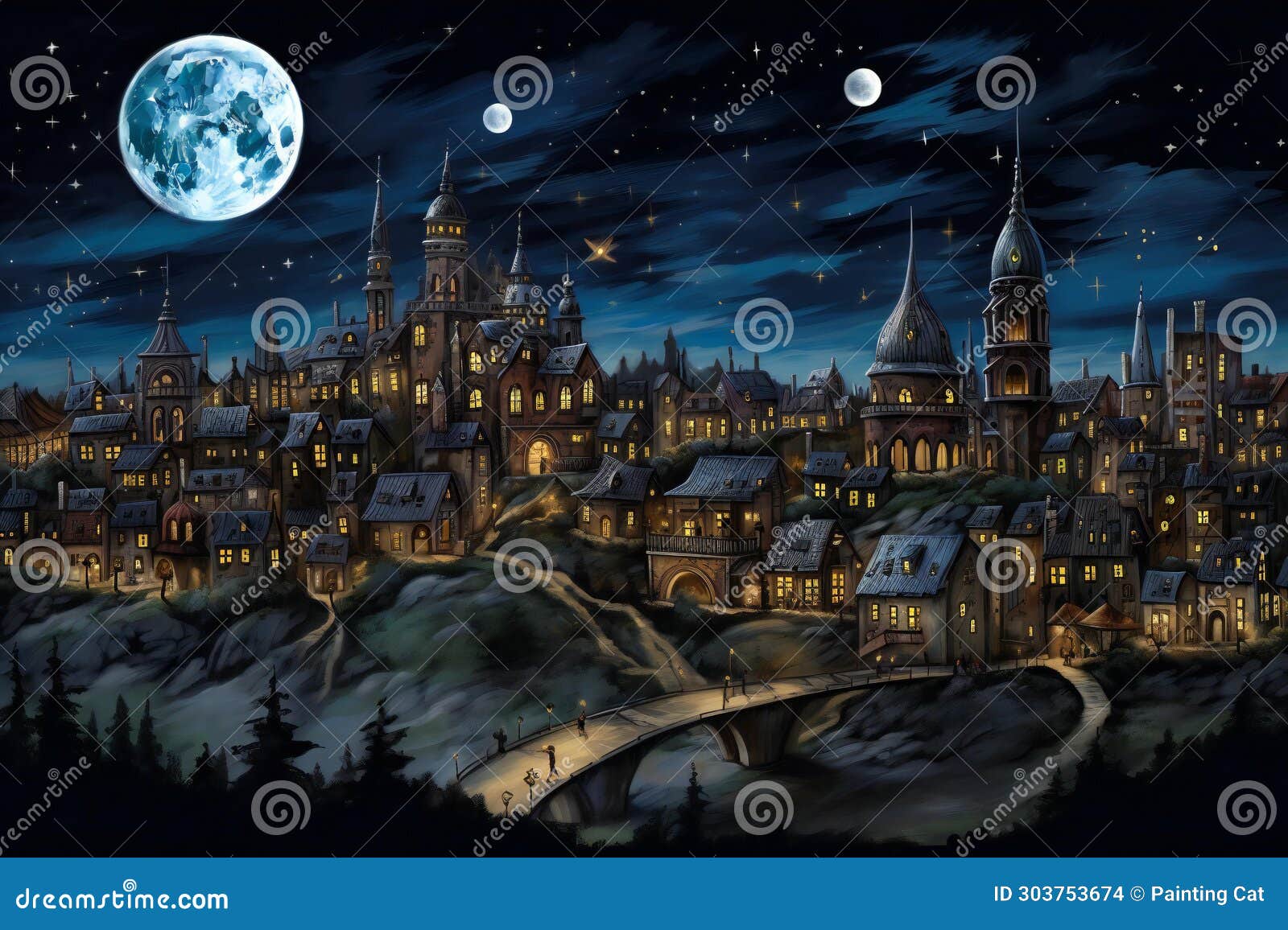 Fantasy Castle at Night with Full Moon, Digital Painting Illustration ...