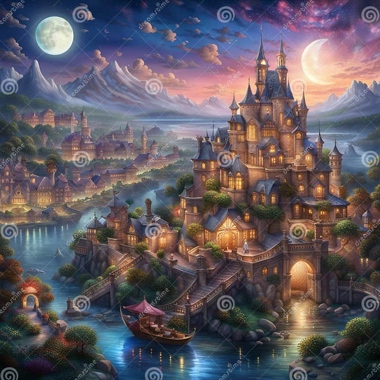 Fantasy Castle at Night with River and Moons 11 - Generated with the Use of AI Stock ...